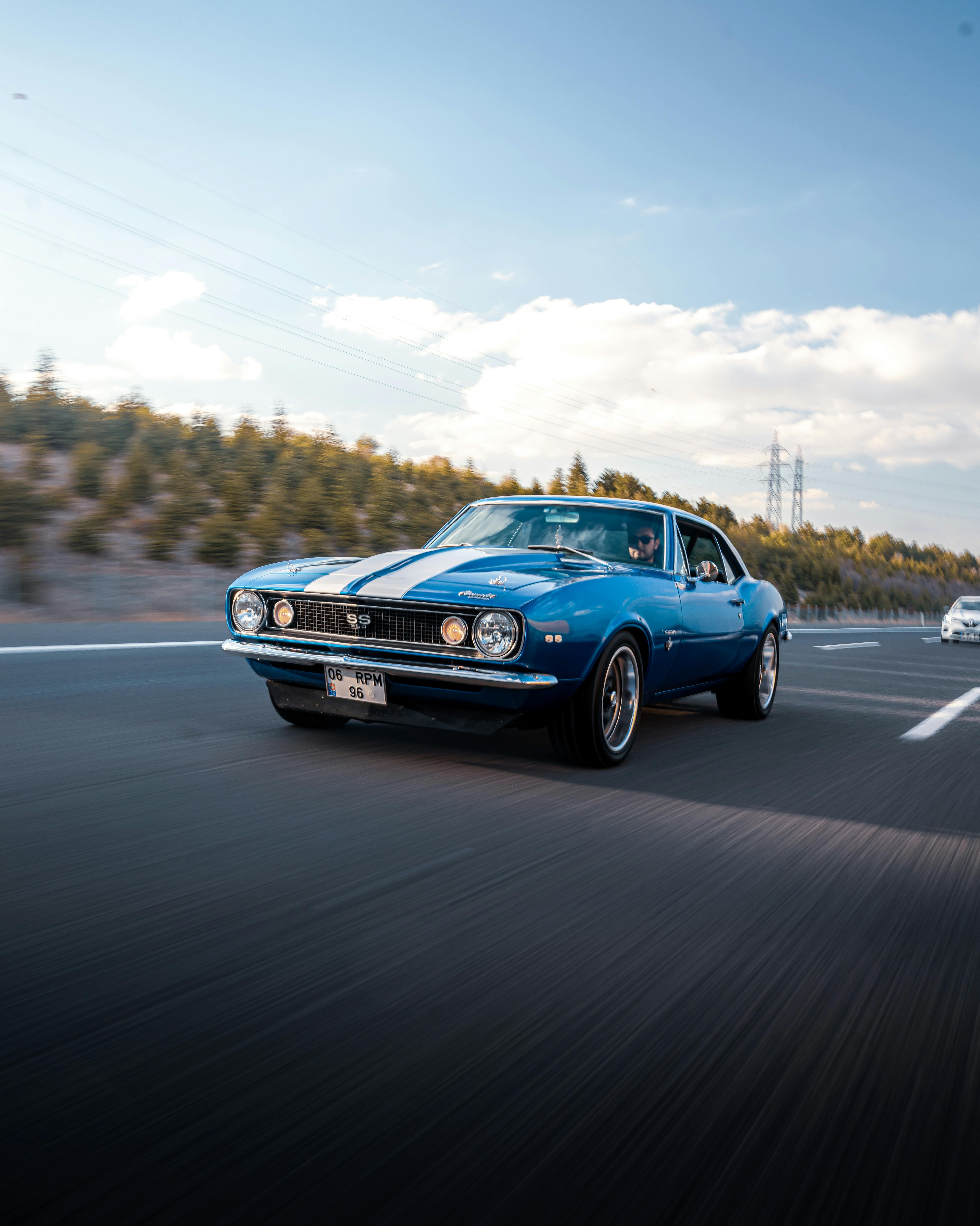 Classic Blue Muscle Car on Ankara Highway · Free Stock Photo