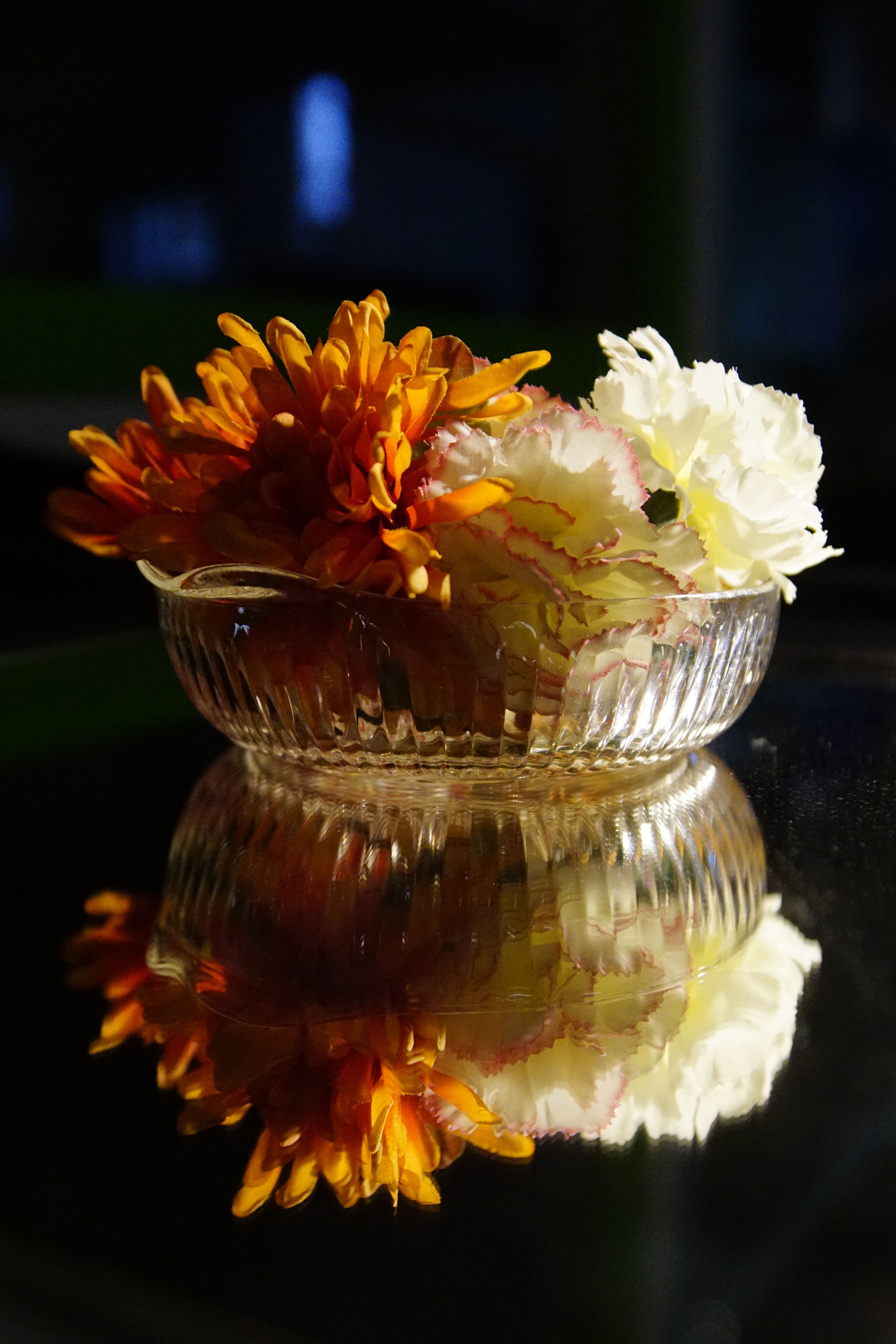 Vibrant Floral Arrangement with Reflective Glass · Free Stock Photo