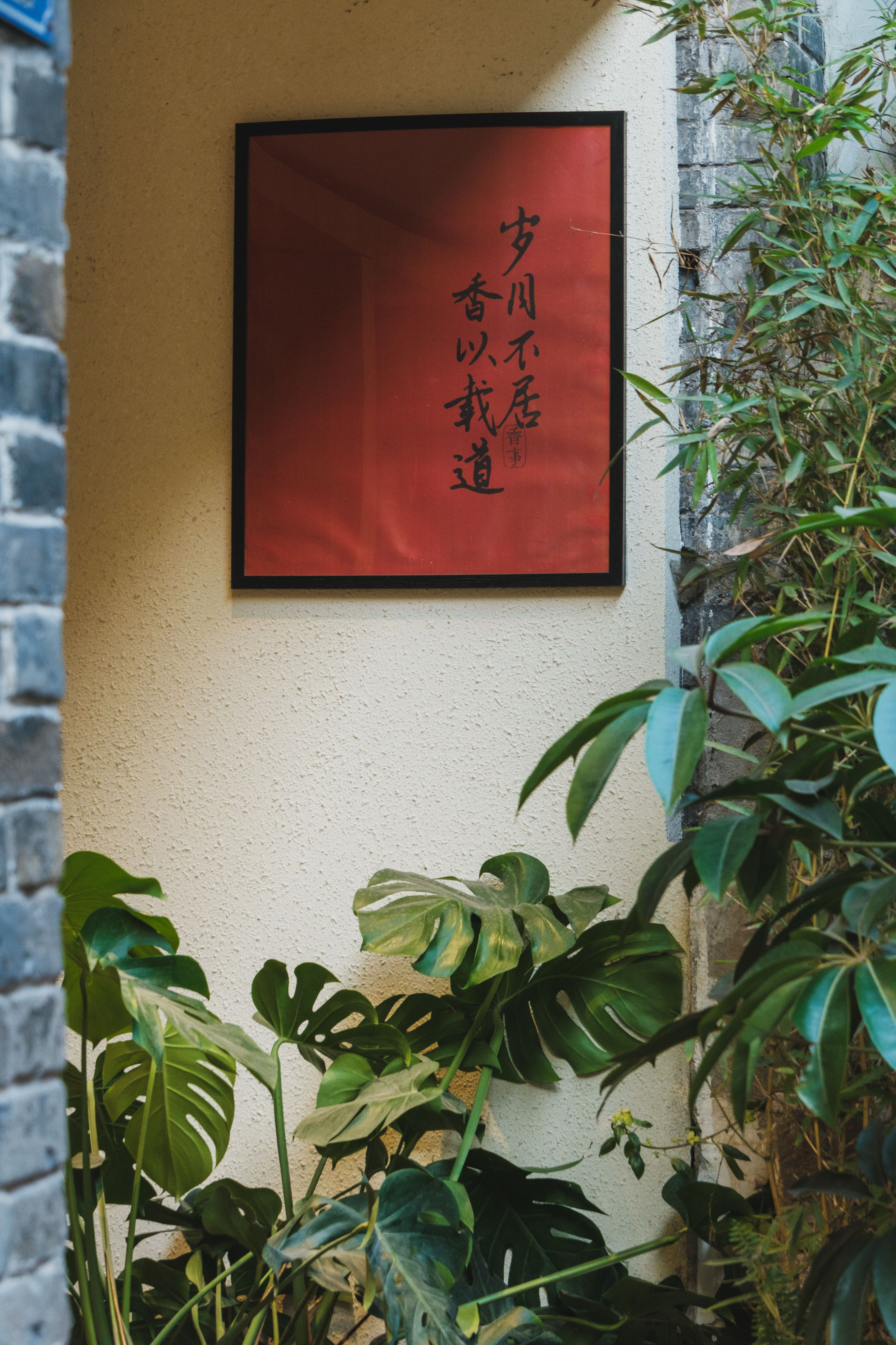 Framed Calligraphy Art with Lush Greenery · Free Stock Photo