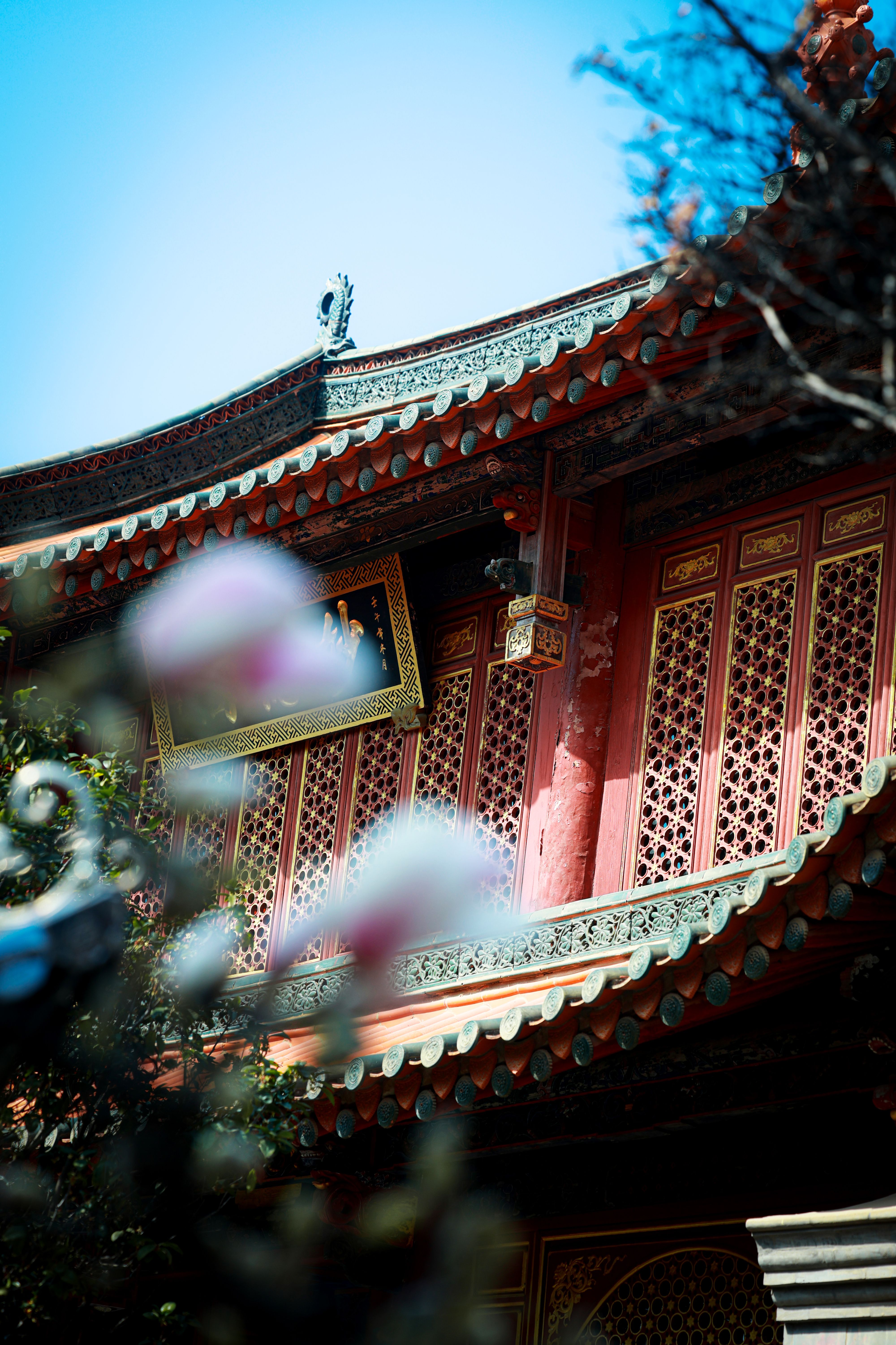 Traditional Asian Temple Architecture with Floral View · Free Stock Photo