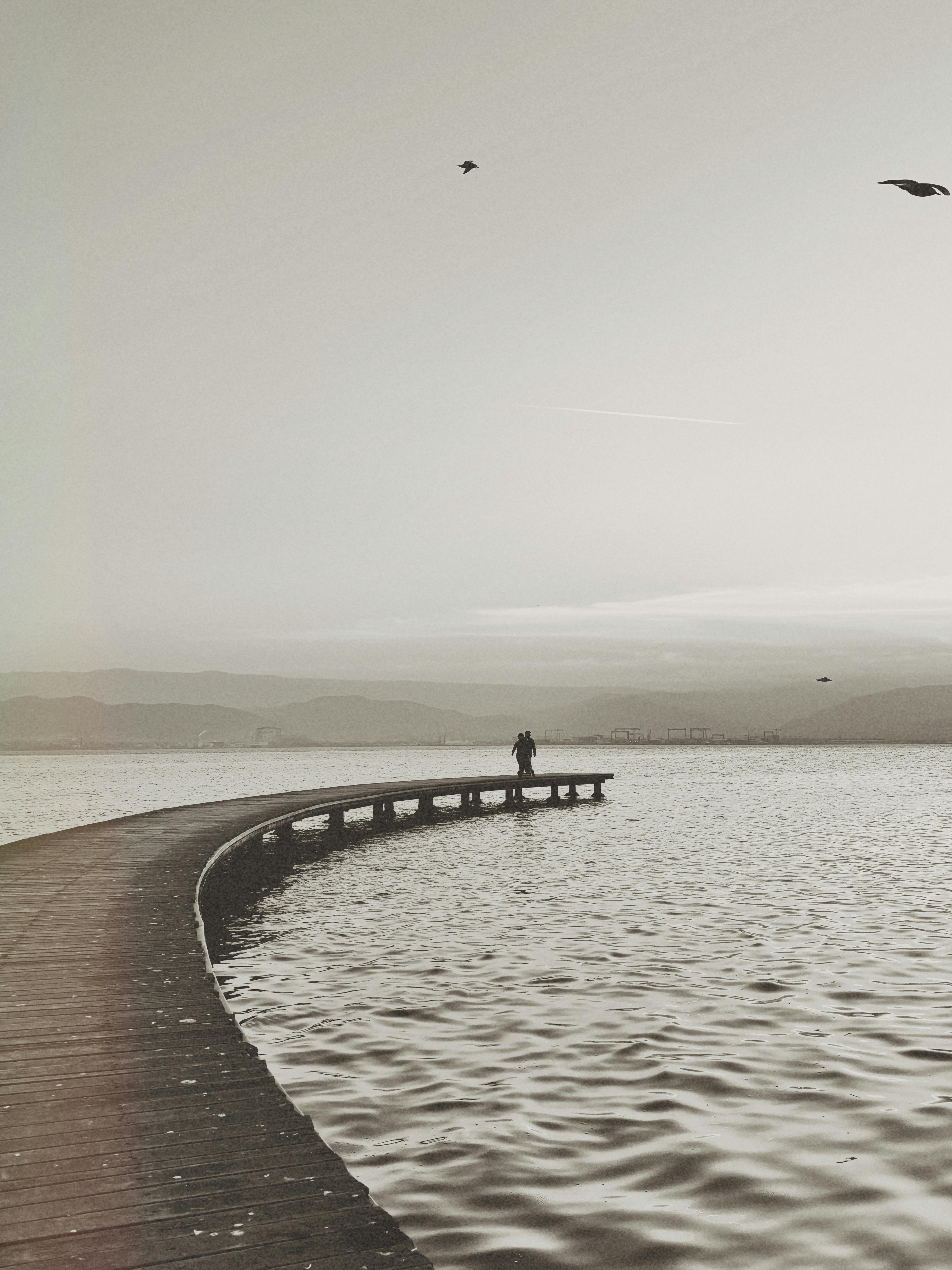 Serene Walk on a Curved Wooden Pier at Dusk · Free Stock Photo