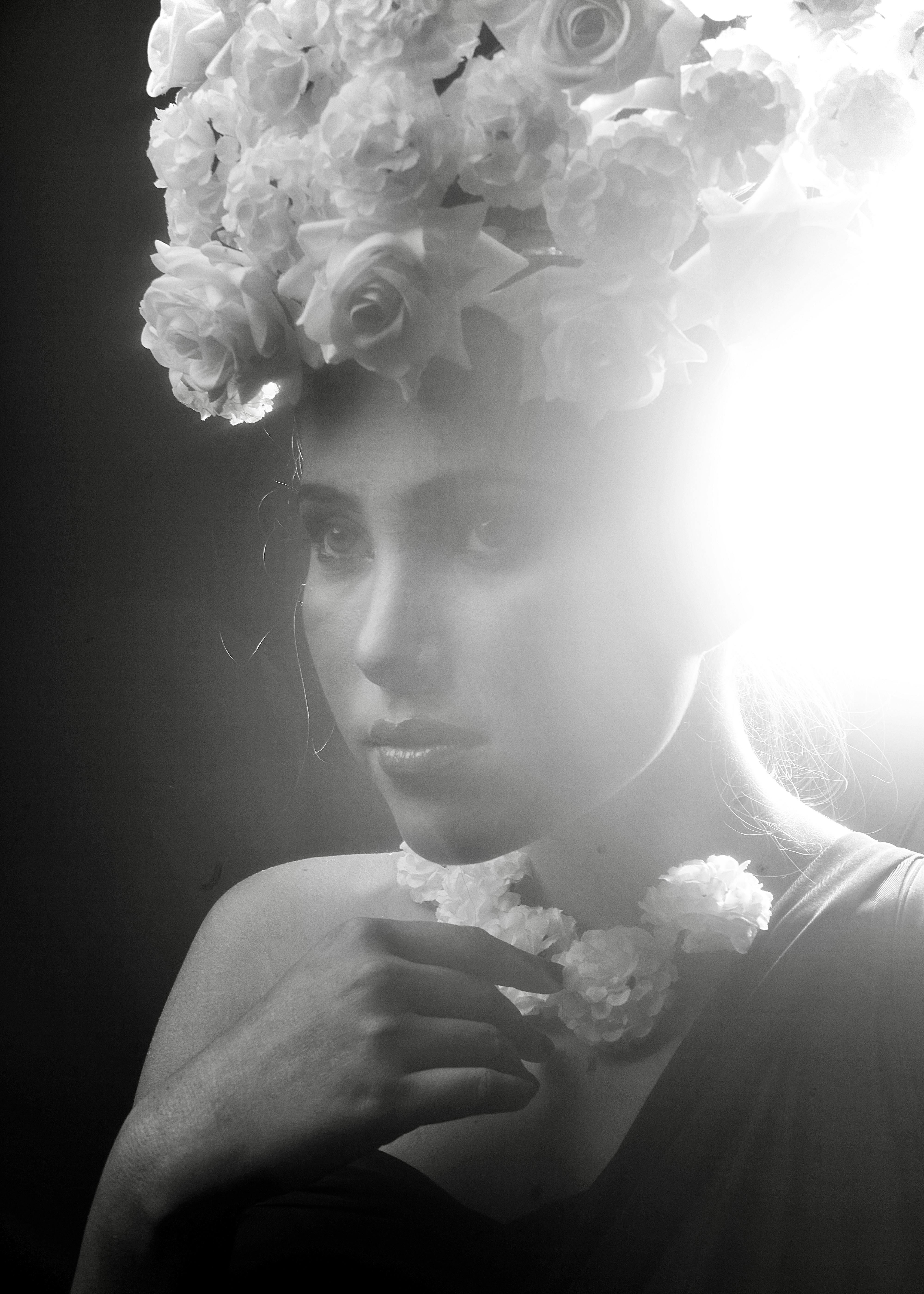 Black and White Fashion Portrait with Floral Headpiece · Free Stock Photo