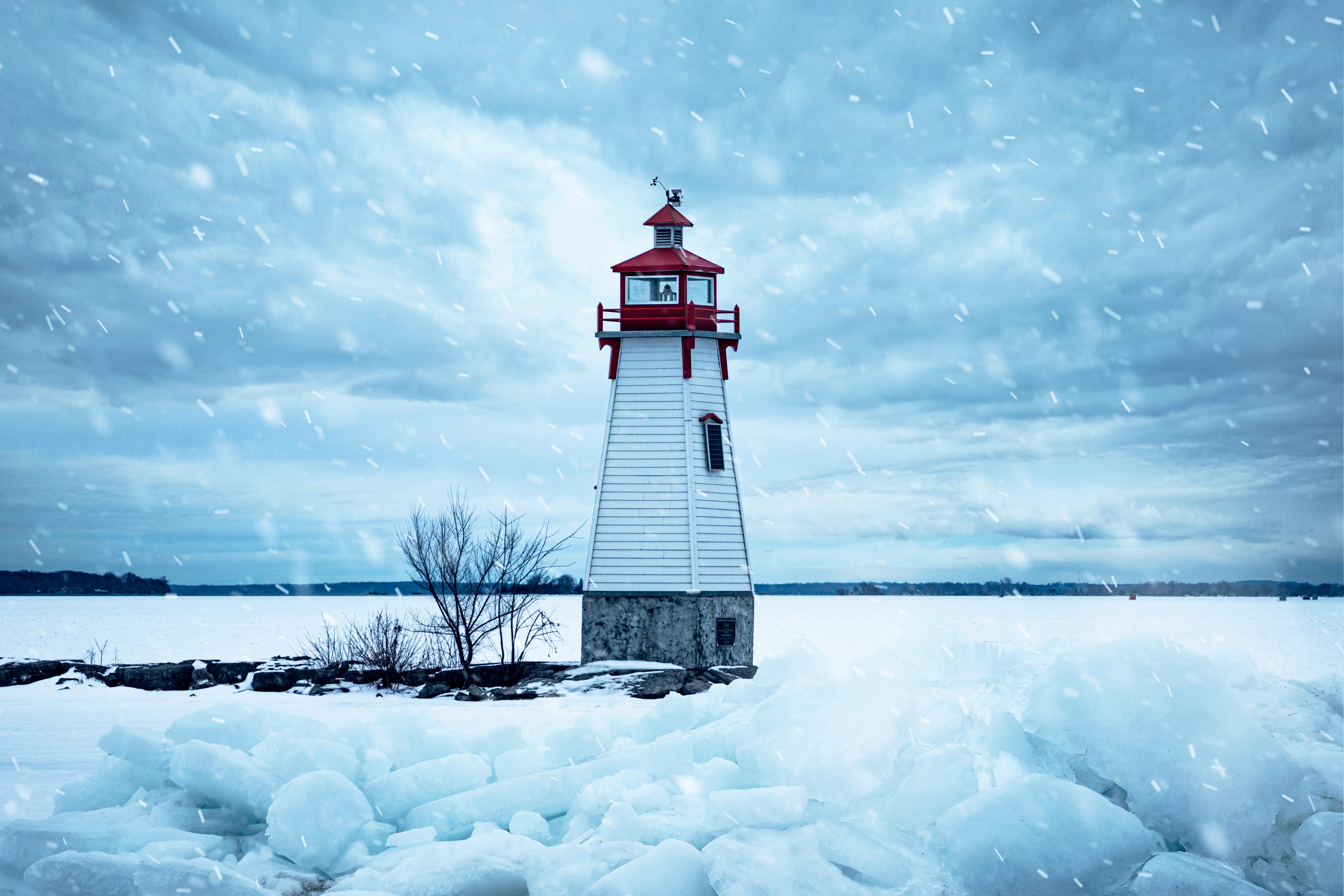 Frozen Lighthouse in Winter Storm at Lake Simcoe · Free Stock Photo