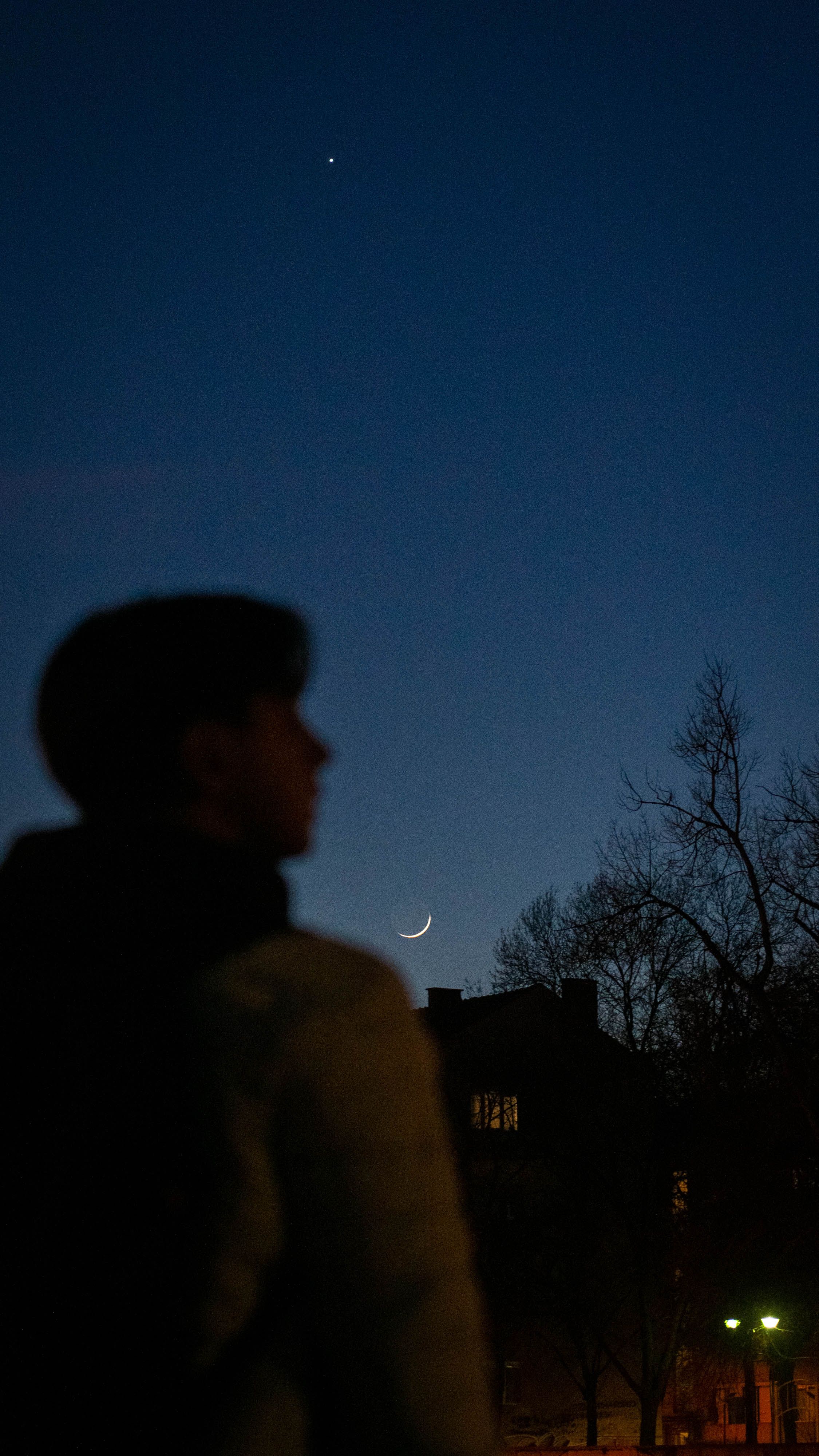 Silhouette of a Person Under Night Sky with Crescent Moon · Free Stock ...