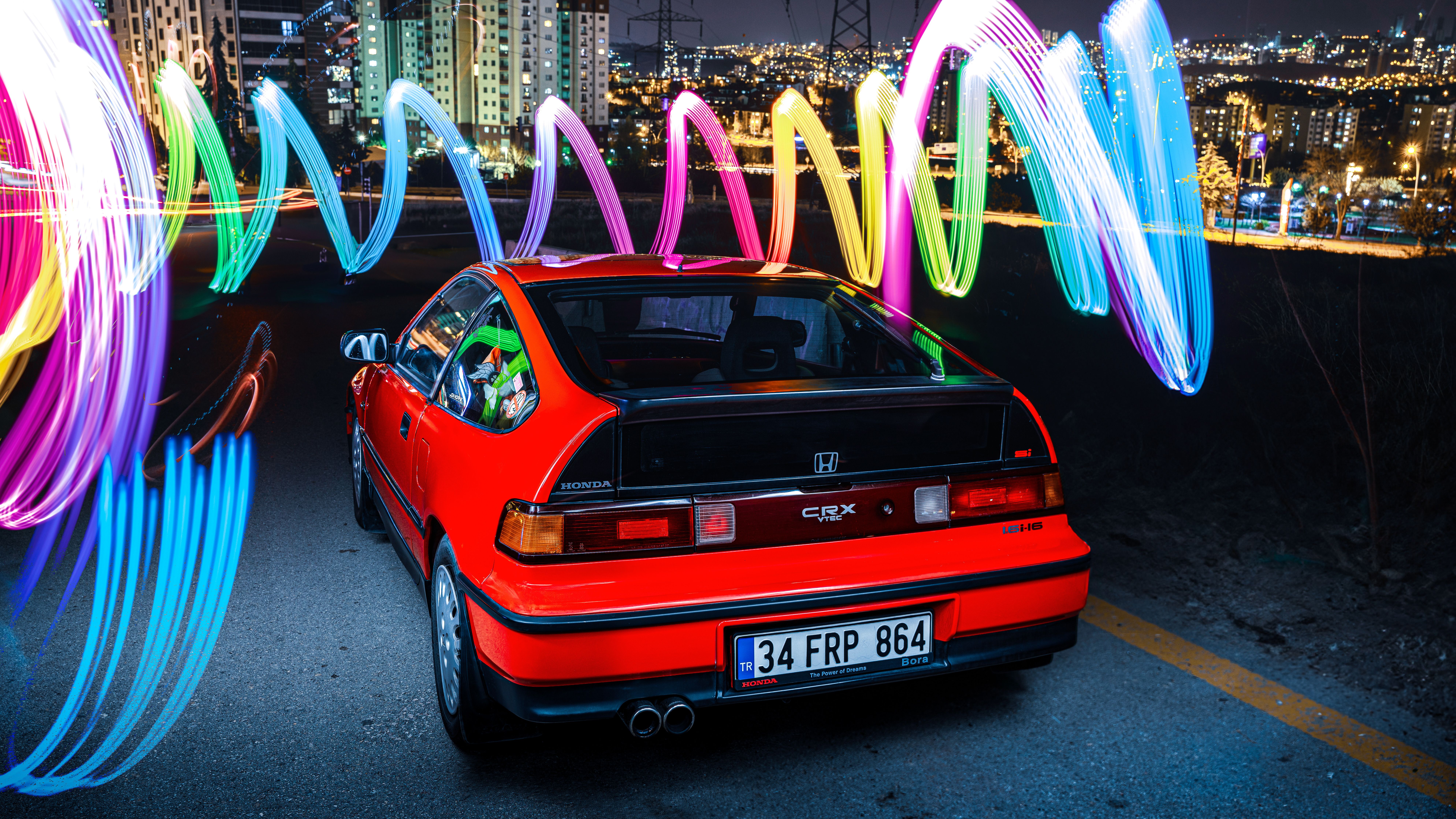 Red Honda CRX in Vibrant Night Cityscape · Free Stock Photo