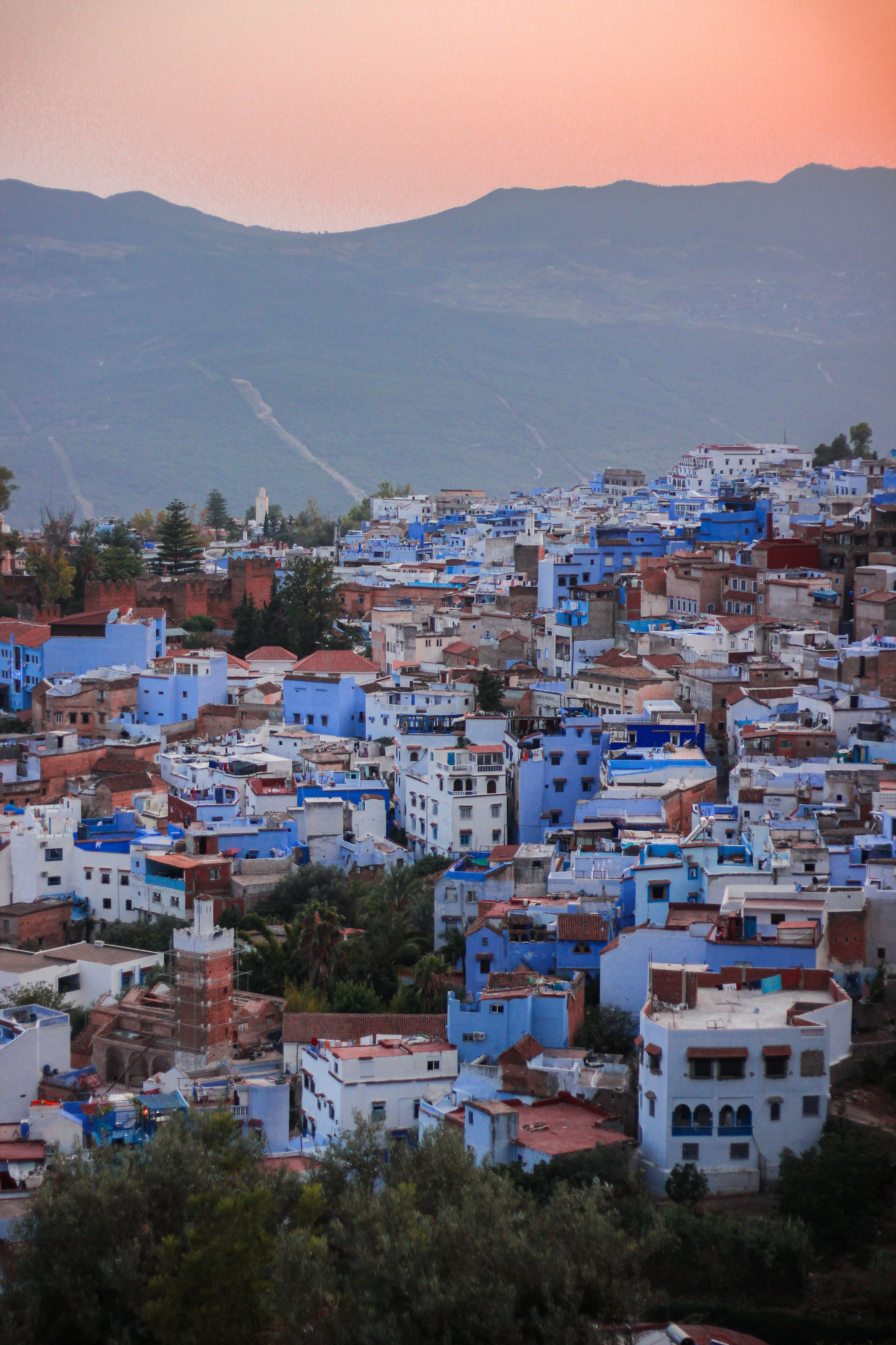 Aerial View of Chefchaouen's Blue City at Sunset · Free Stock Photo