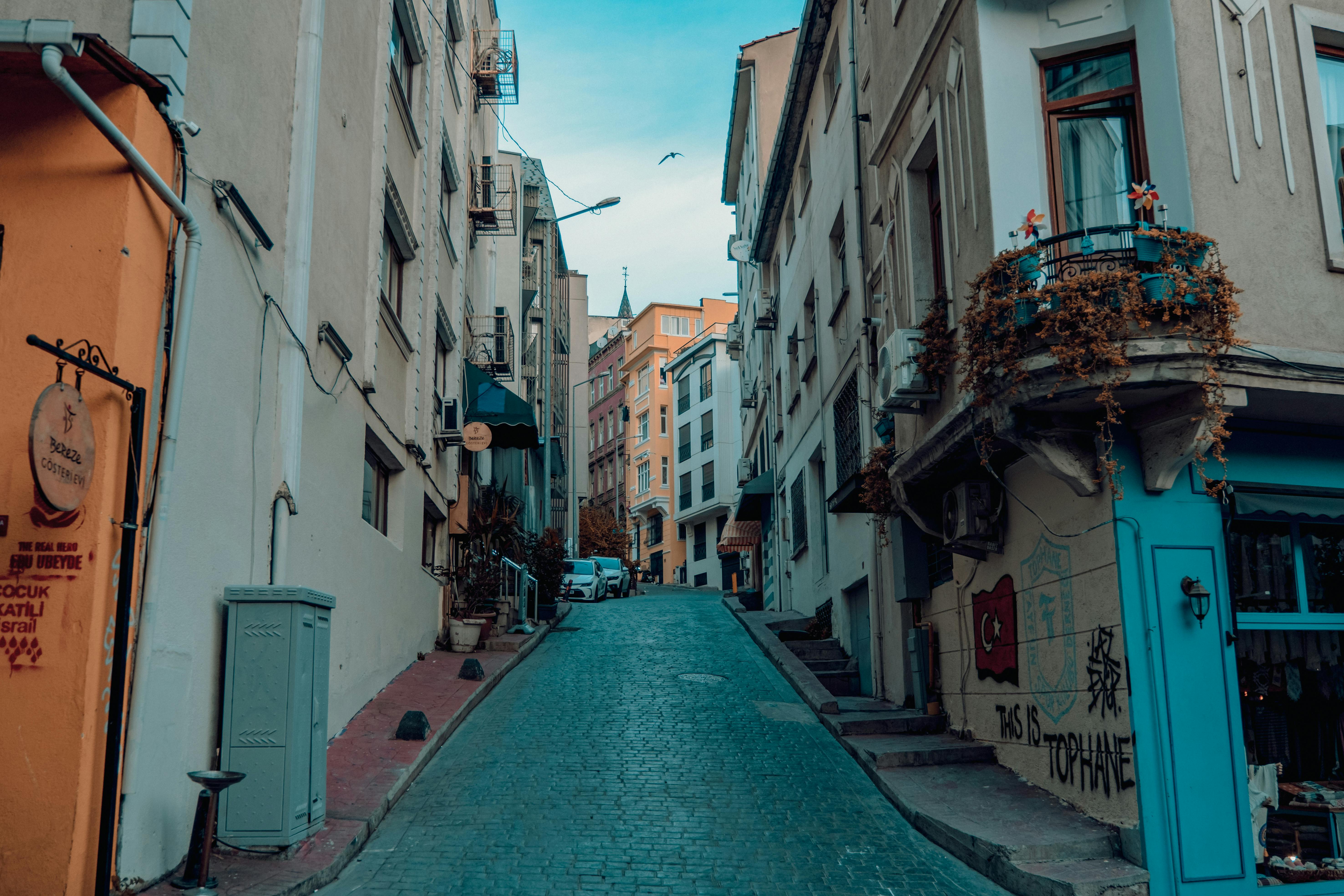 Quaint cobblestone street in Ä°stanbul's Tophane District showcasing historic architecture.
