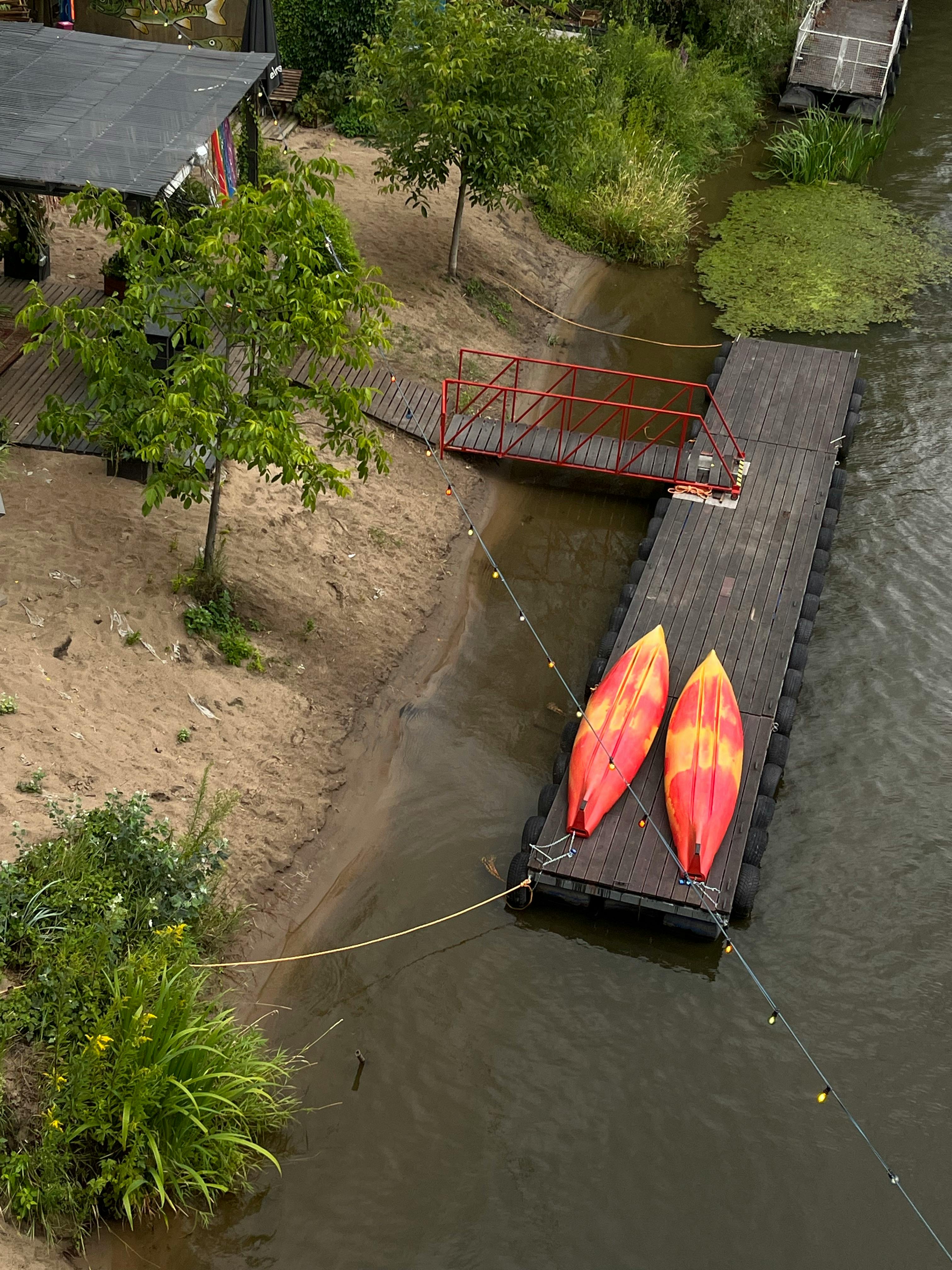 Aerial View of Kayaks on a River Dock · Free Stock Photo