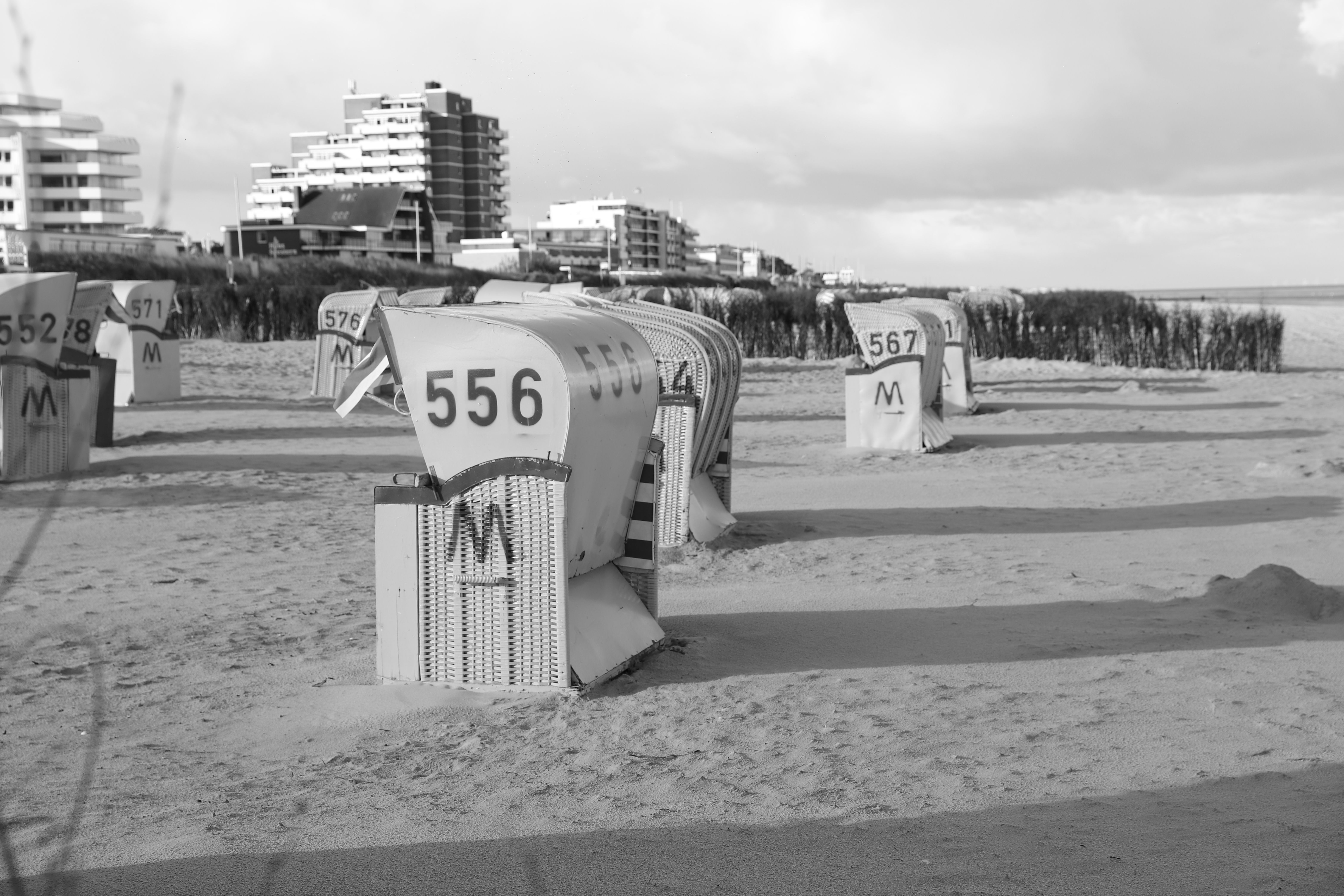 Wicker Beach Chairs on a Sandy Shore in Black and White · Free Stock Photo