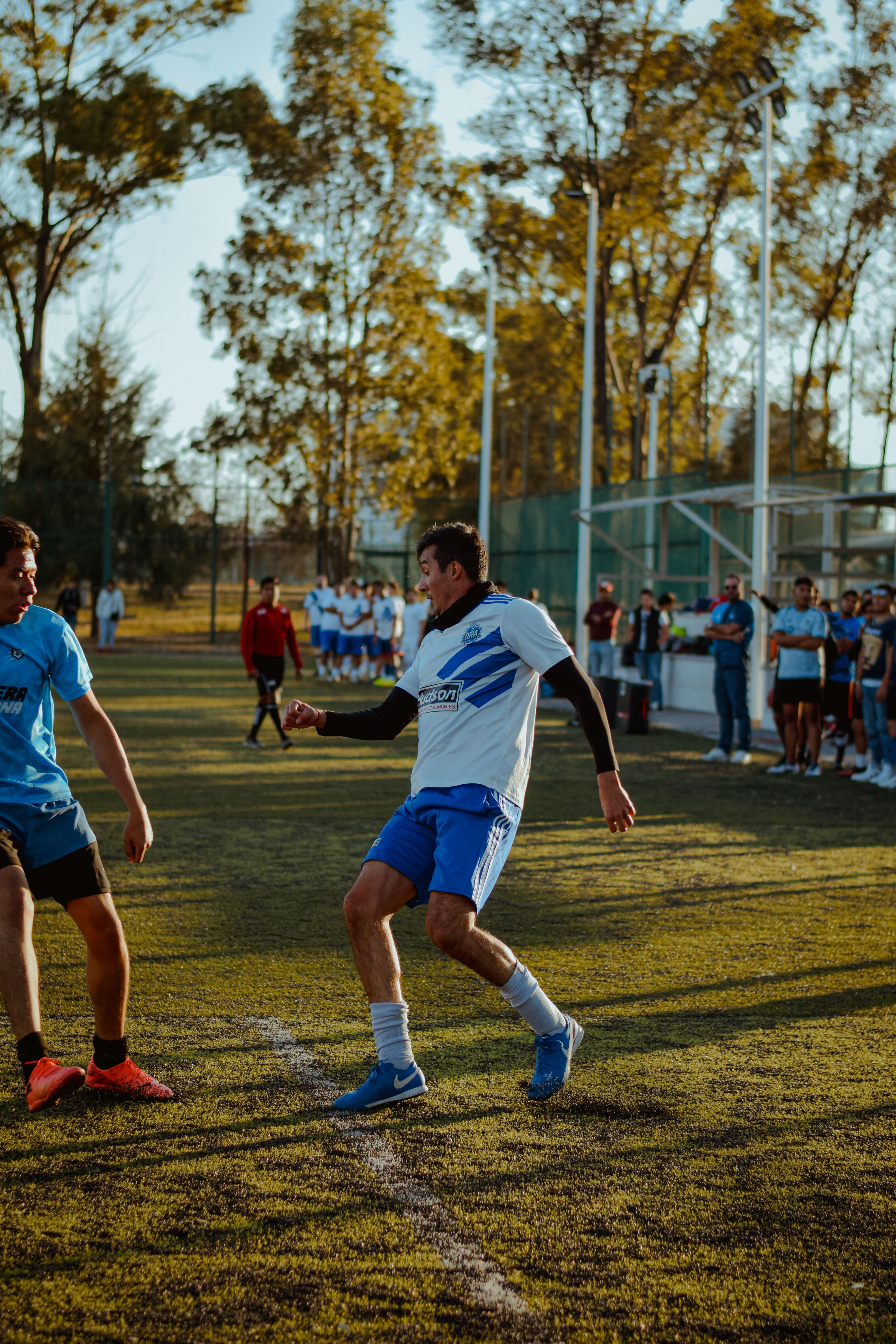 Soccer Player Kicking White Gray Soccer Ball on Green Grass Field ...