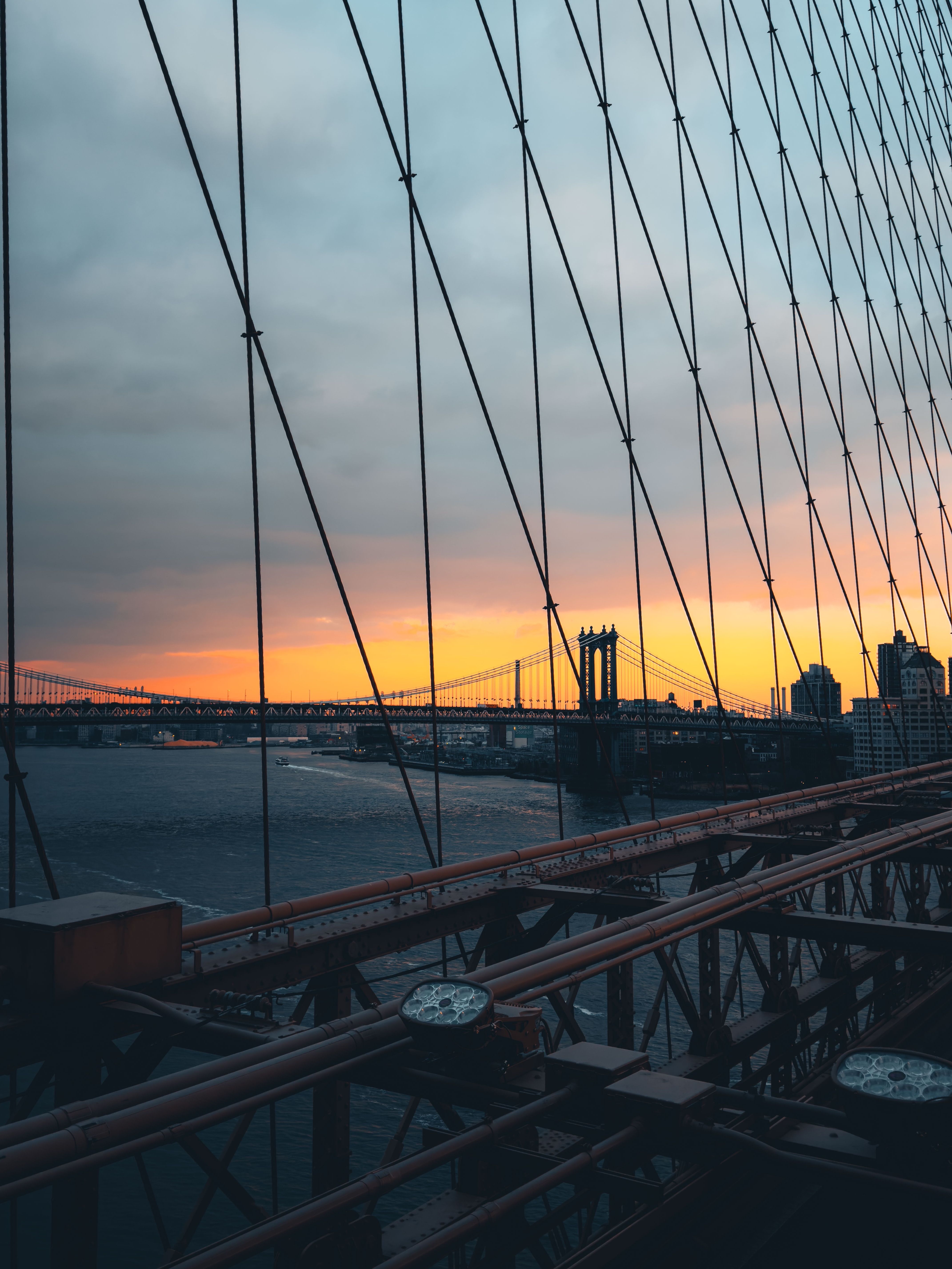 Zonsondergang Uitzicht Op De Brooklyn Bridge En De Skyline Van ...