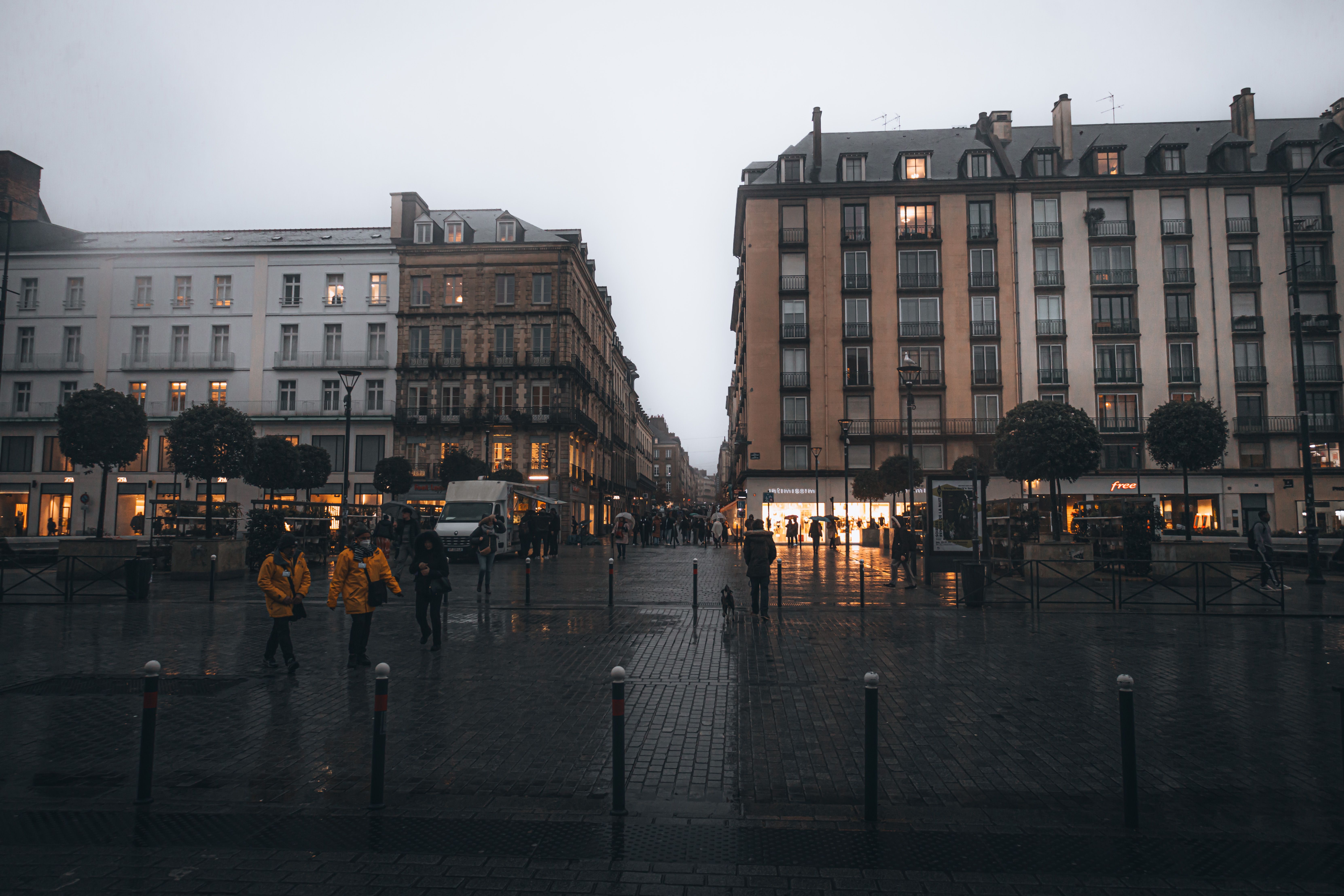 Rainy Evening Street Scene with Historic Buildings · Free Stock Photo