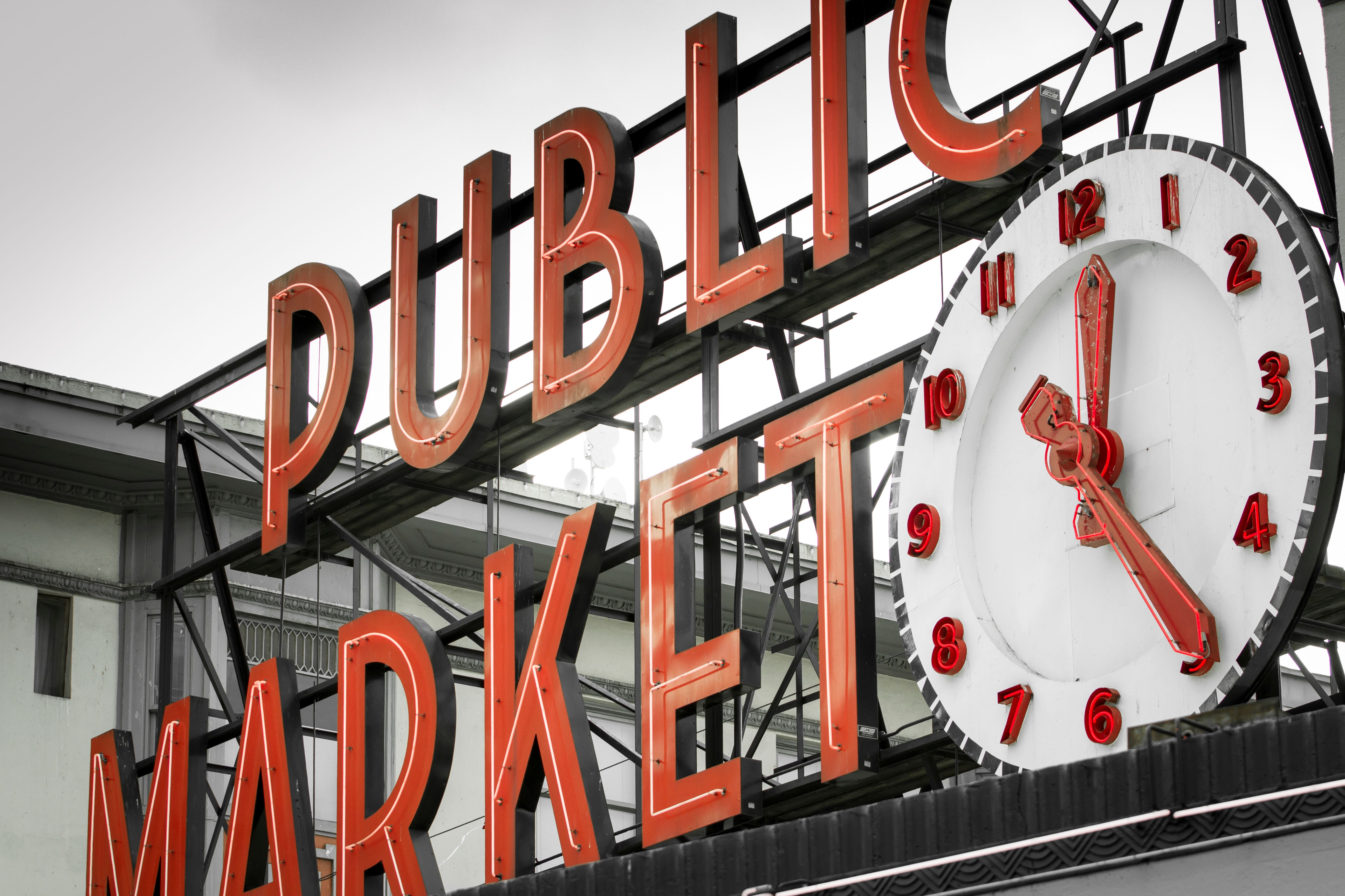 Seattle Public Market Iconic Clock and Sign · Free Stock Photo