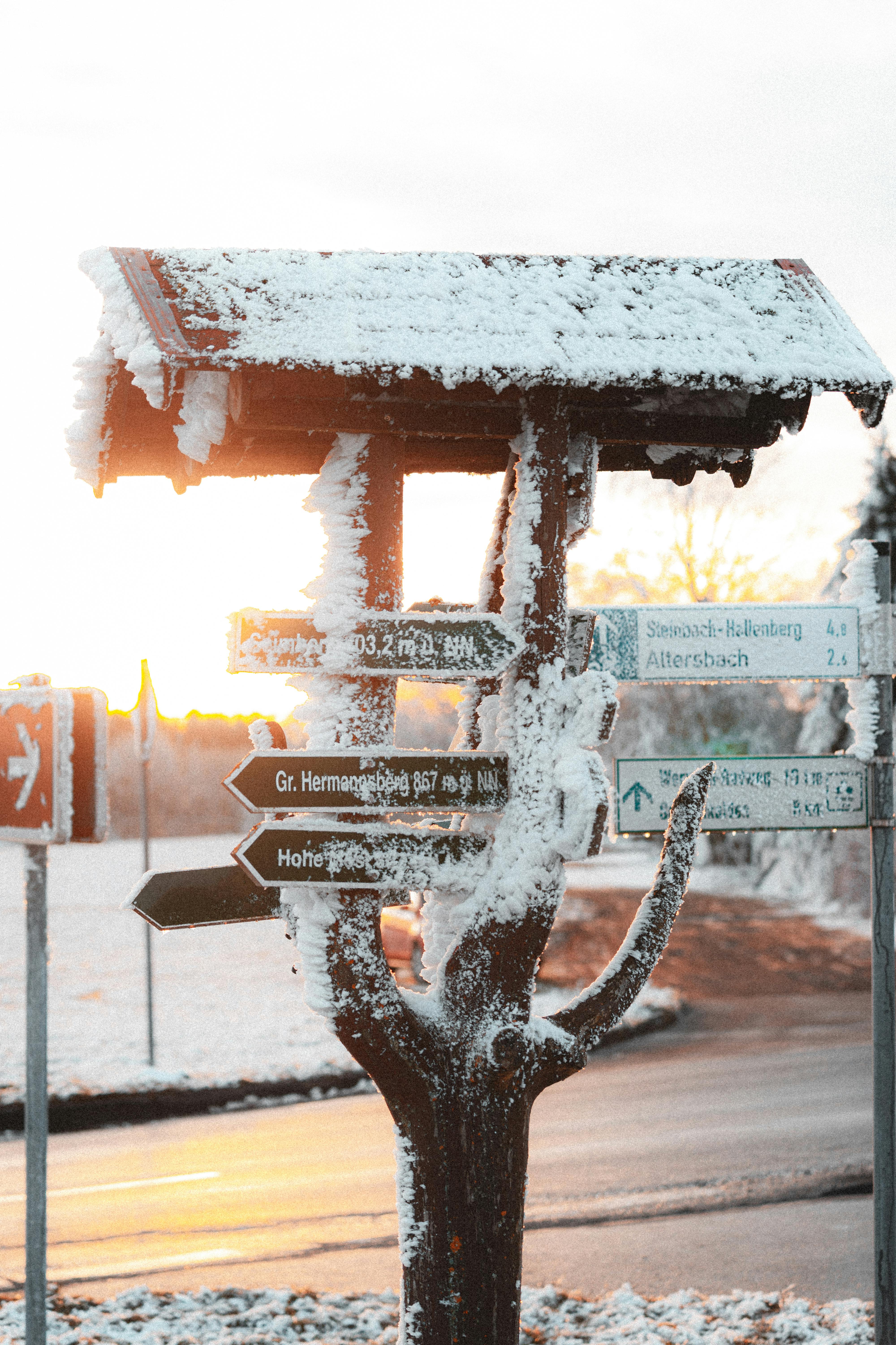 Frosty Signpost at Sunset During Winter · Free Stock Photo