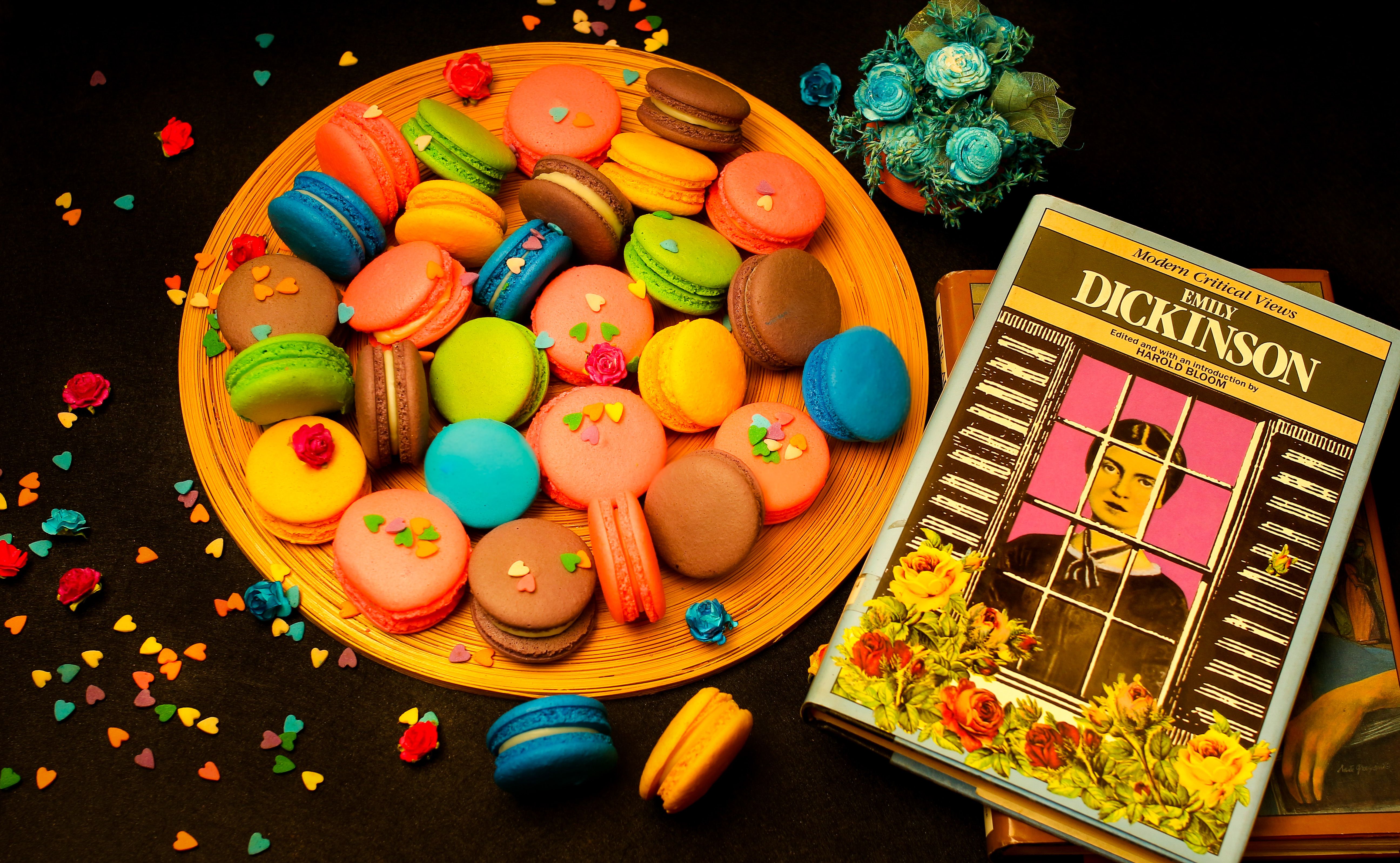 Colorful Macarons with Book on Black Background · Free Stock Photo
