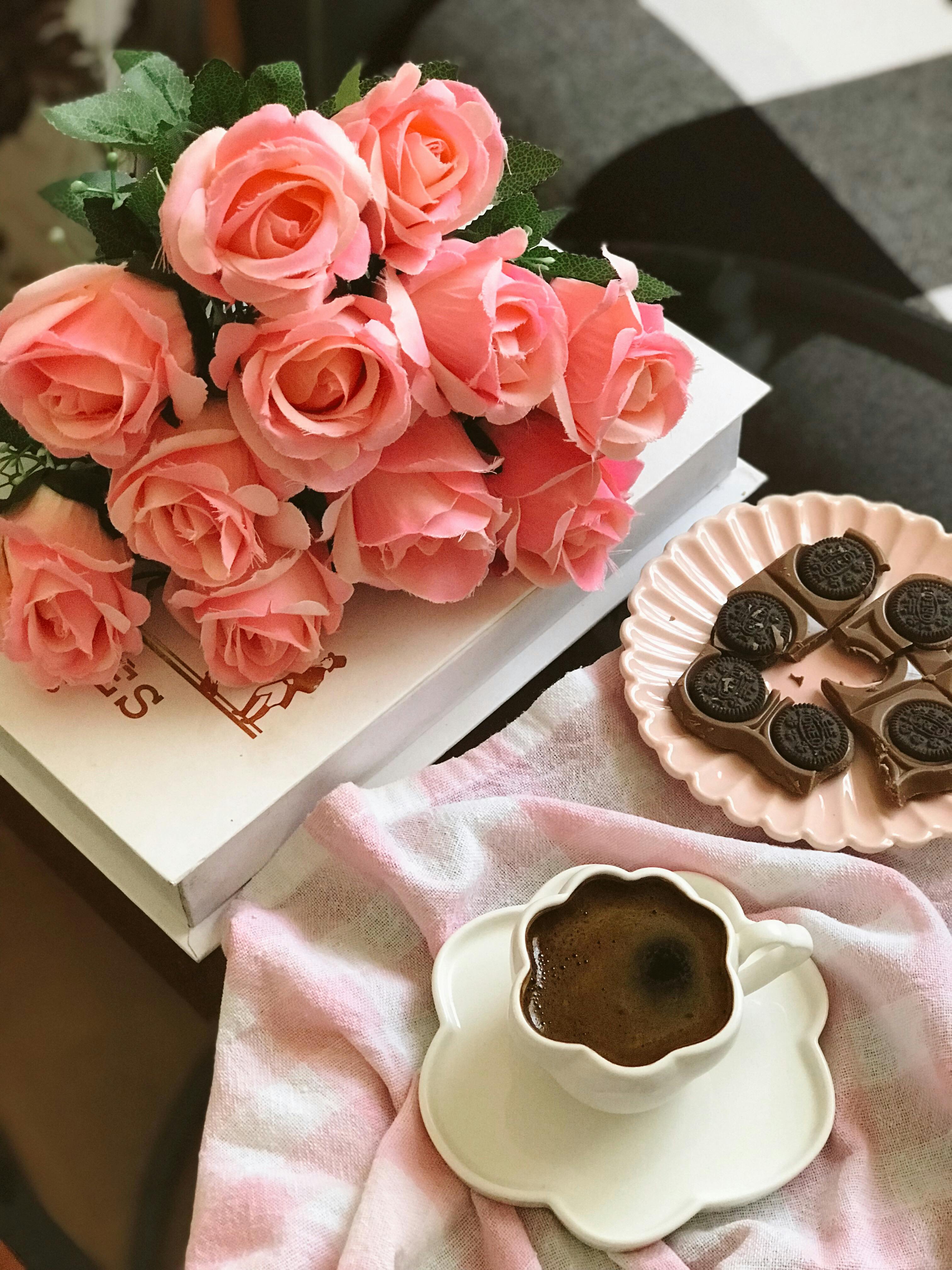 Pink Roses with Coffee and Chocolate Treats Flat Lay · Free Stock Photo