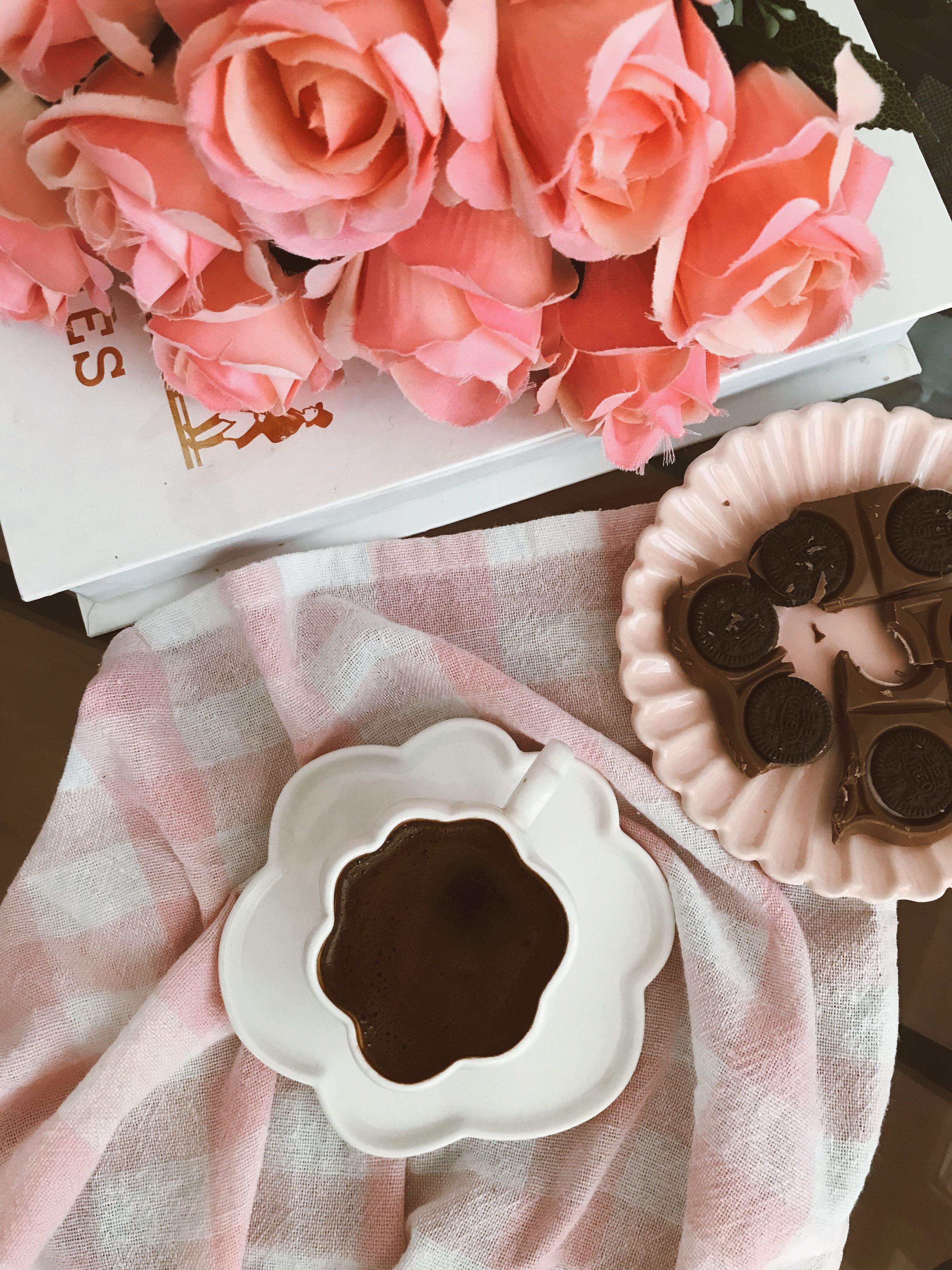 Elegant Coffee Moment with Roses and Chocolates · Free Stock Photo