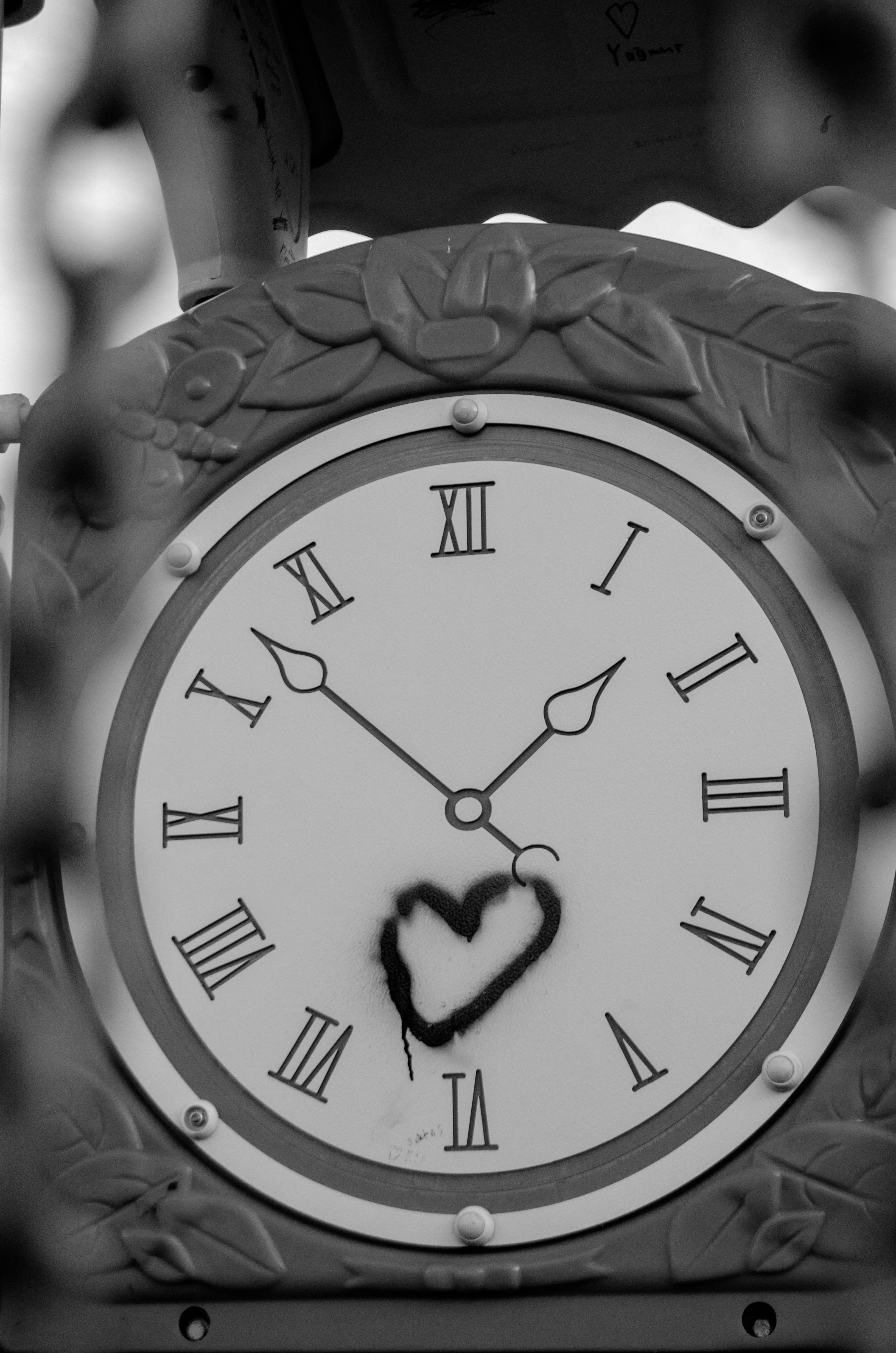 Vintage Clock with Heart Graffiti in Black and White · Free Stock Photo