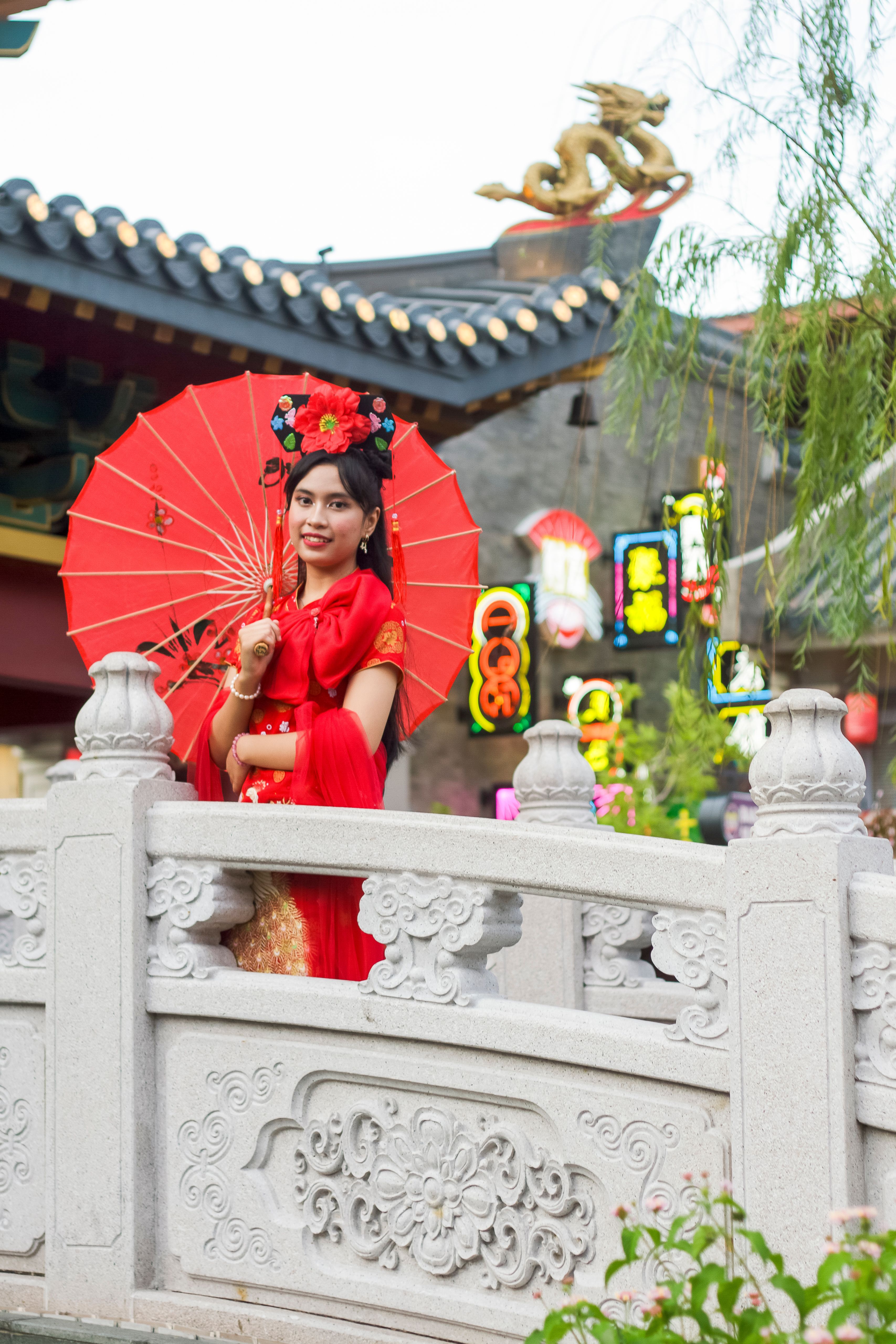 Traditional Asian Dress with Red Umbrella in Temple · Free Stock Photo