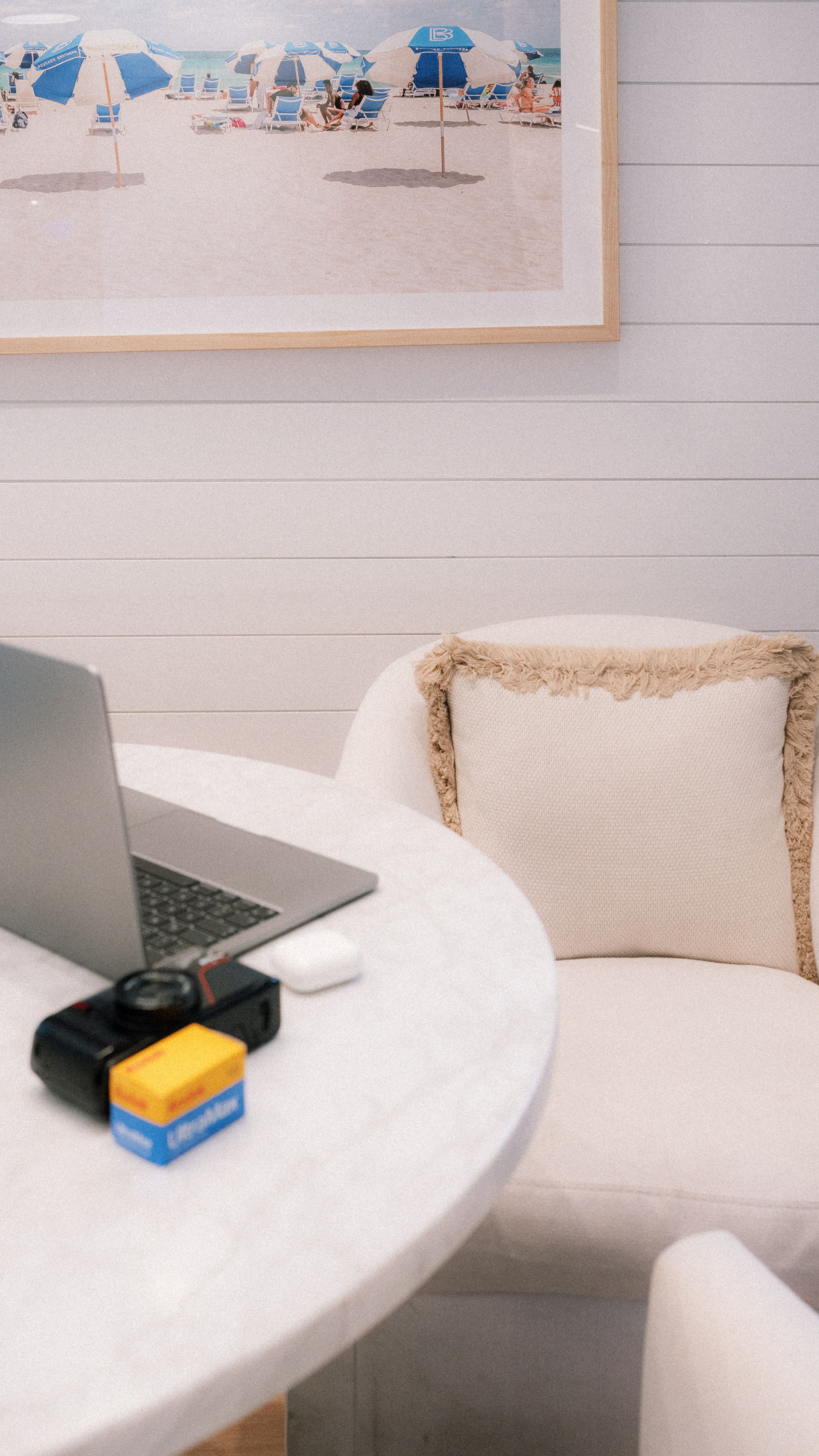 Modern Workspace with Beach Art Print · Free Stock Photo