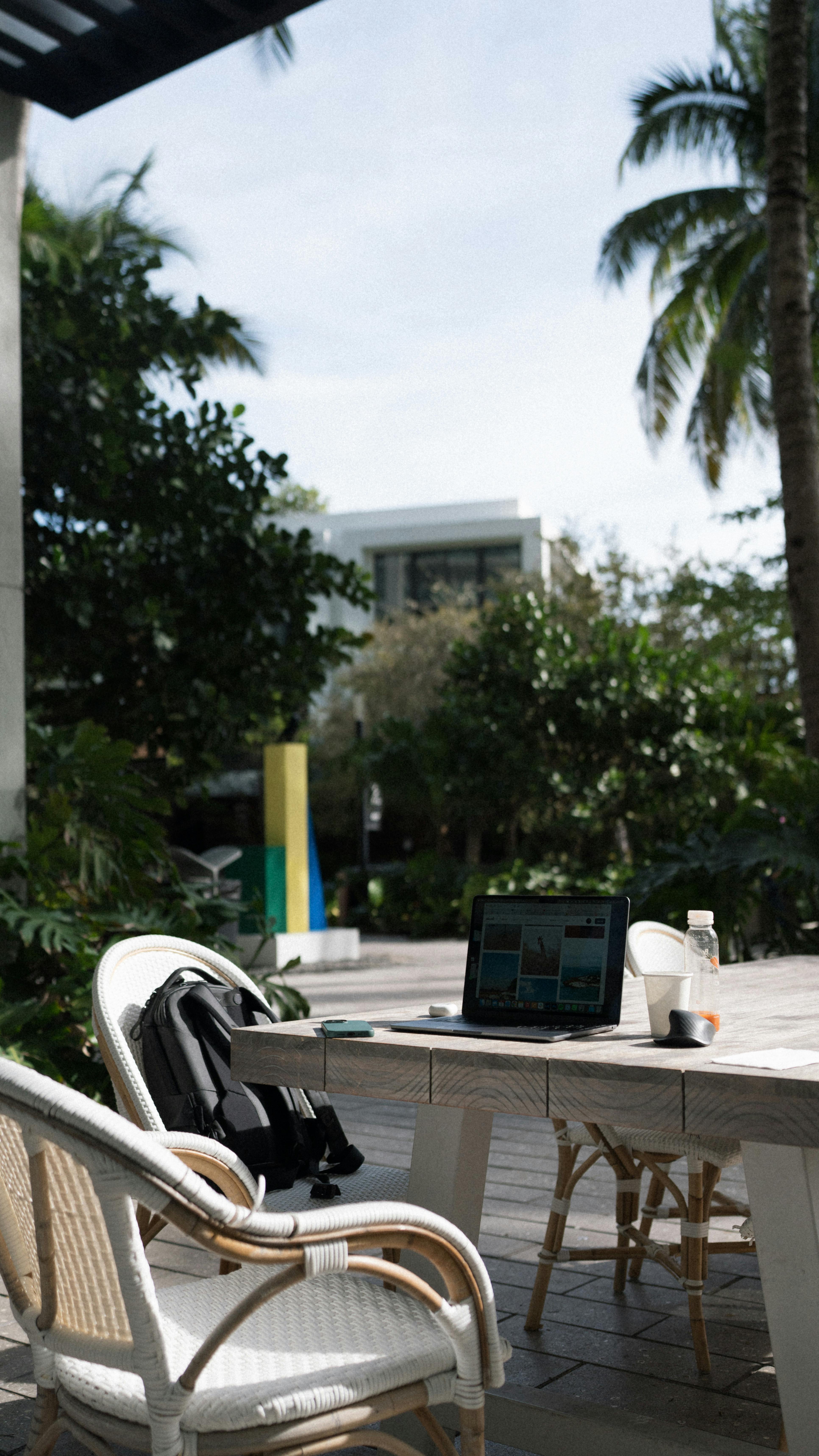 Outdoor Workspace with Laptop and Palm Trees · Free Stock Photo
