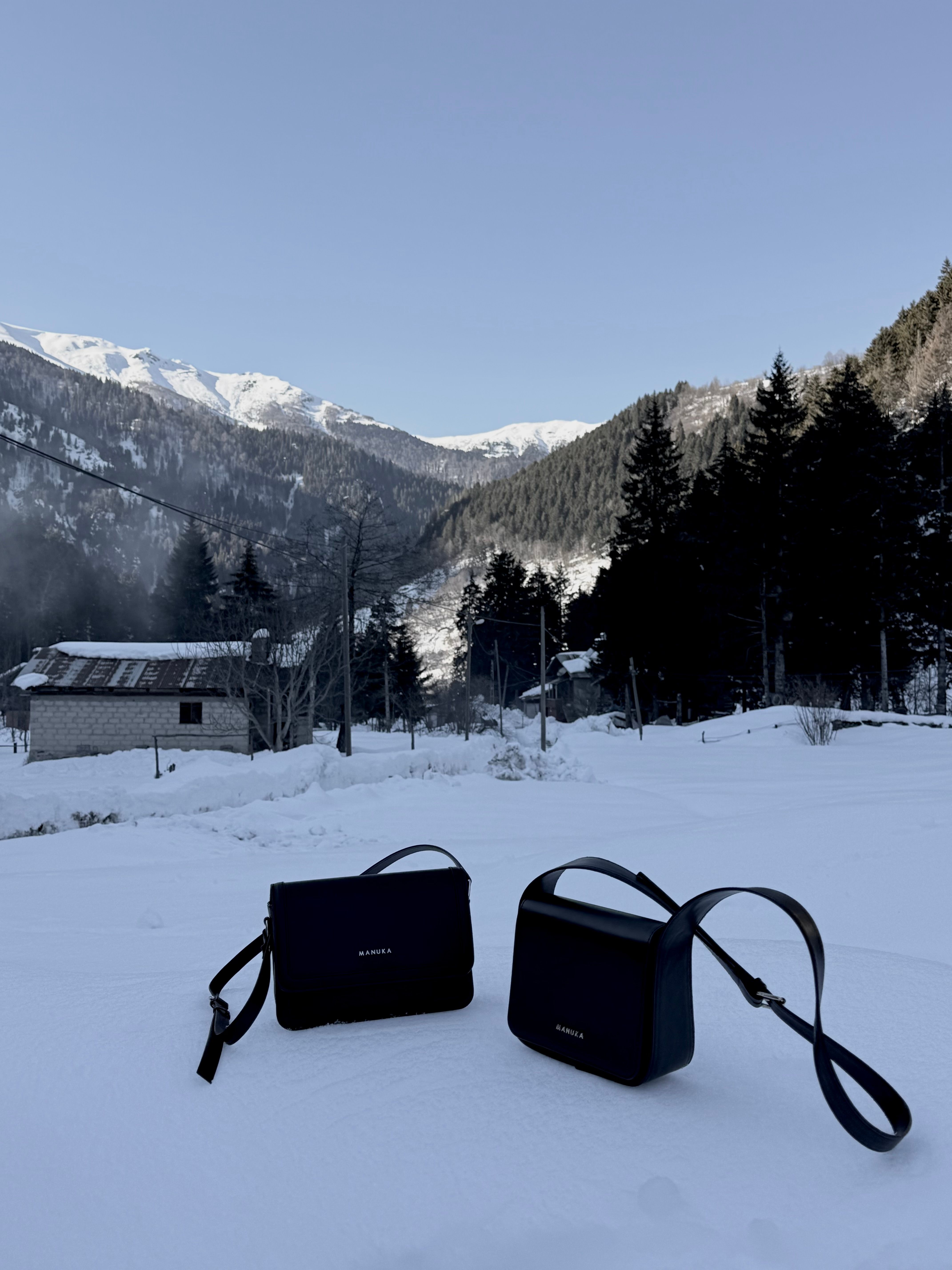Elegant Shoulder Bags in Snowy Mountain Landscape · Free Stock Photo