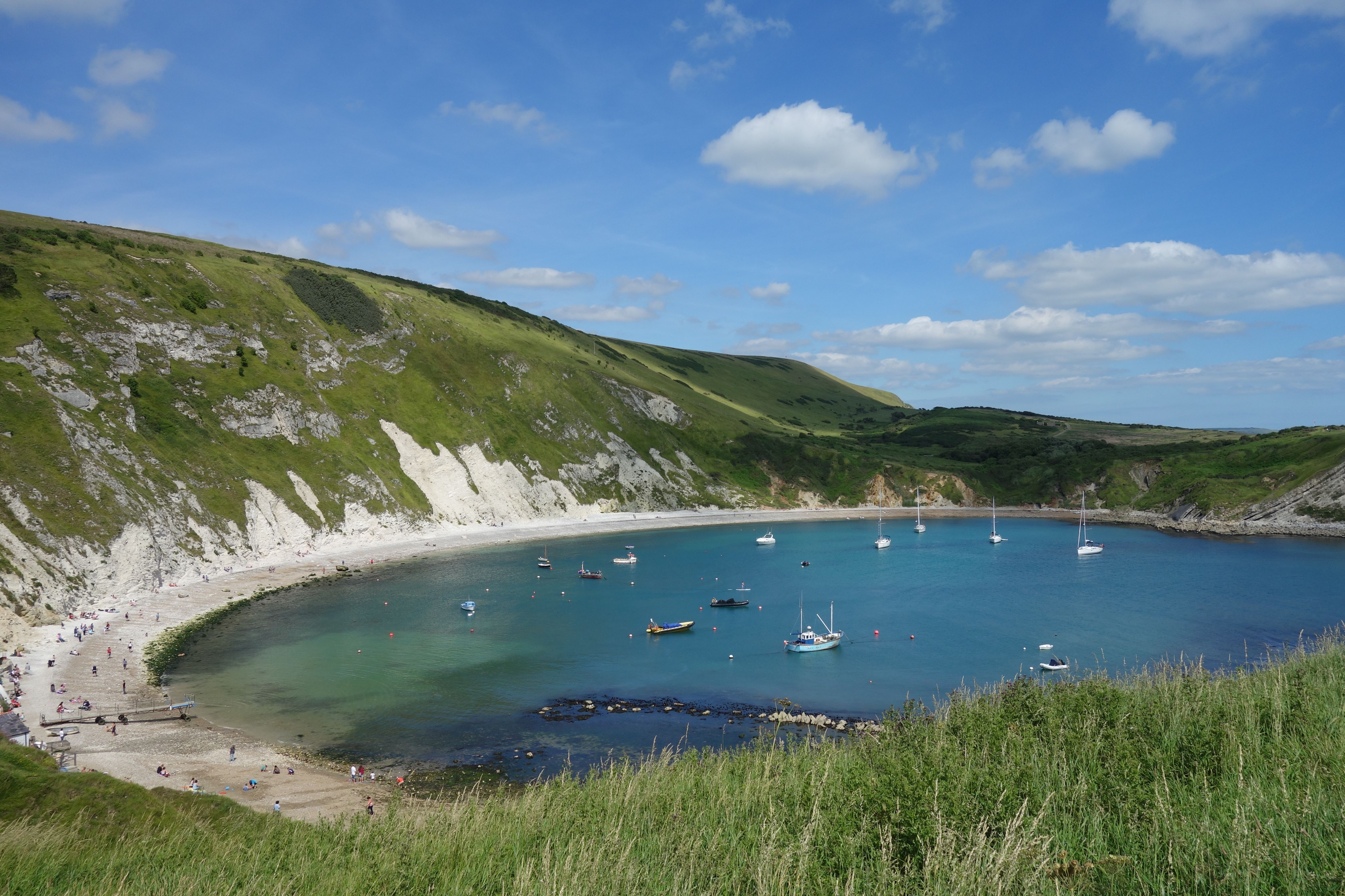 Scenic Cove with Sailboats and Green Hills · Free Stock Photo