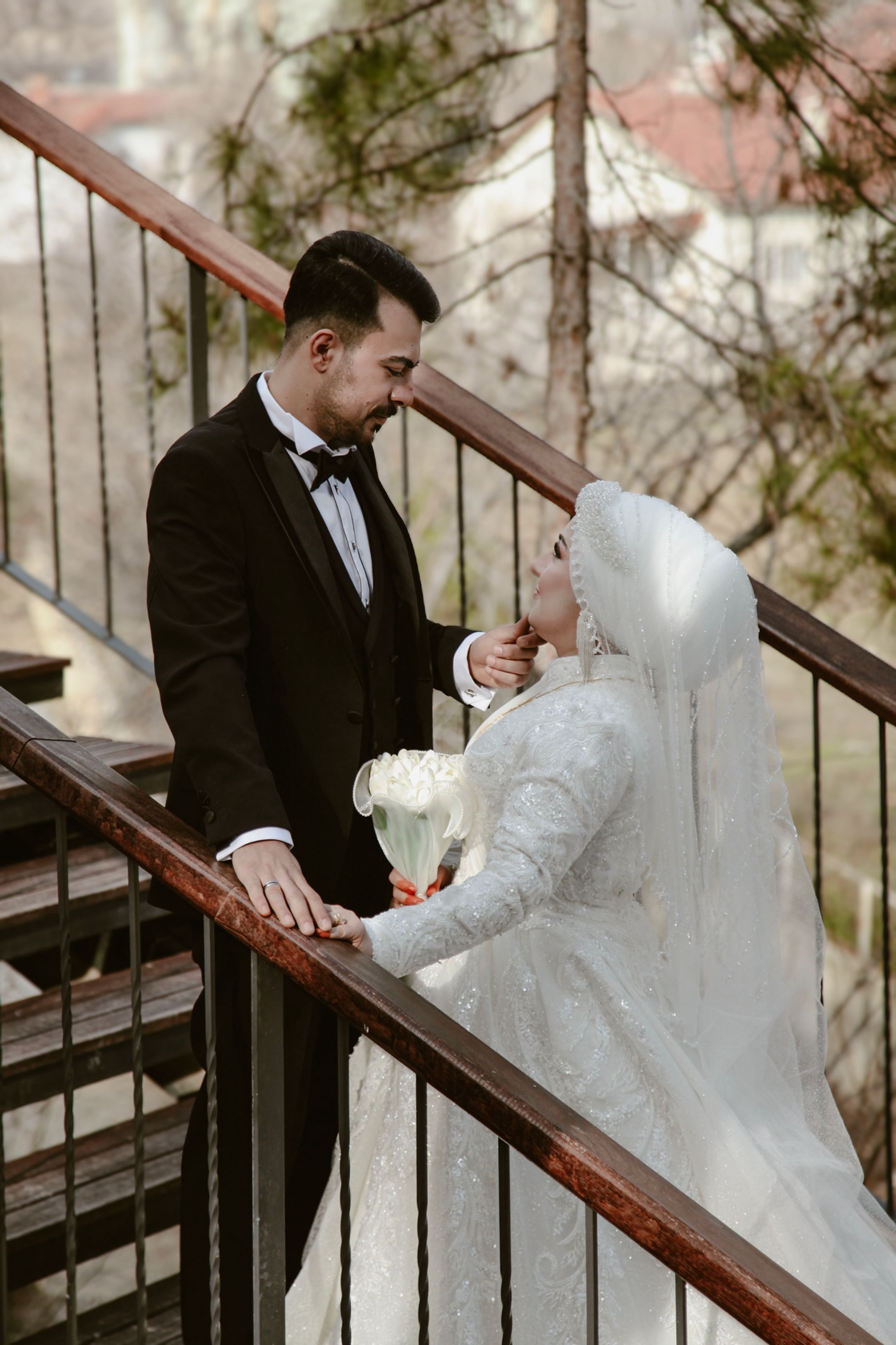 Elegant Outdoor Wedding Portrait on Staircase · Free Stock Photo