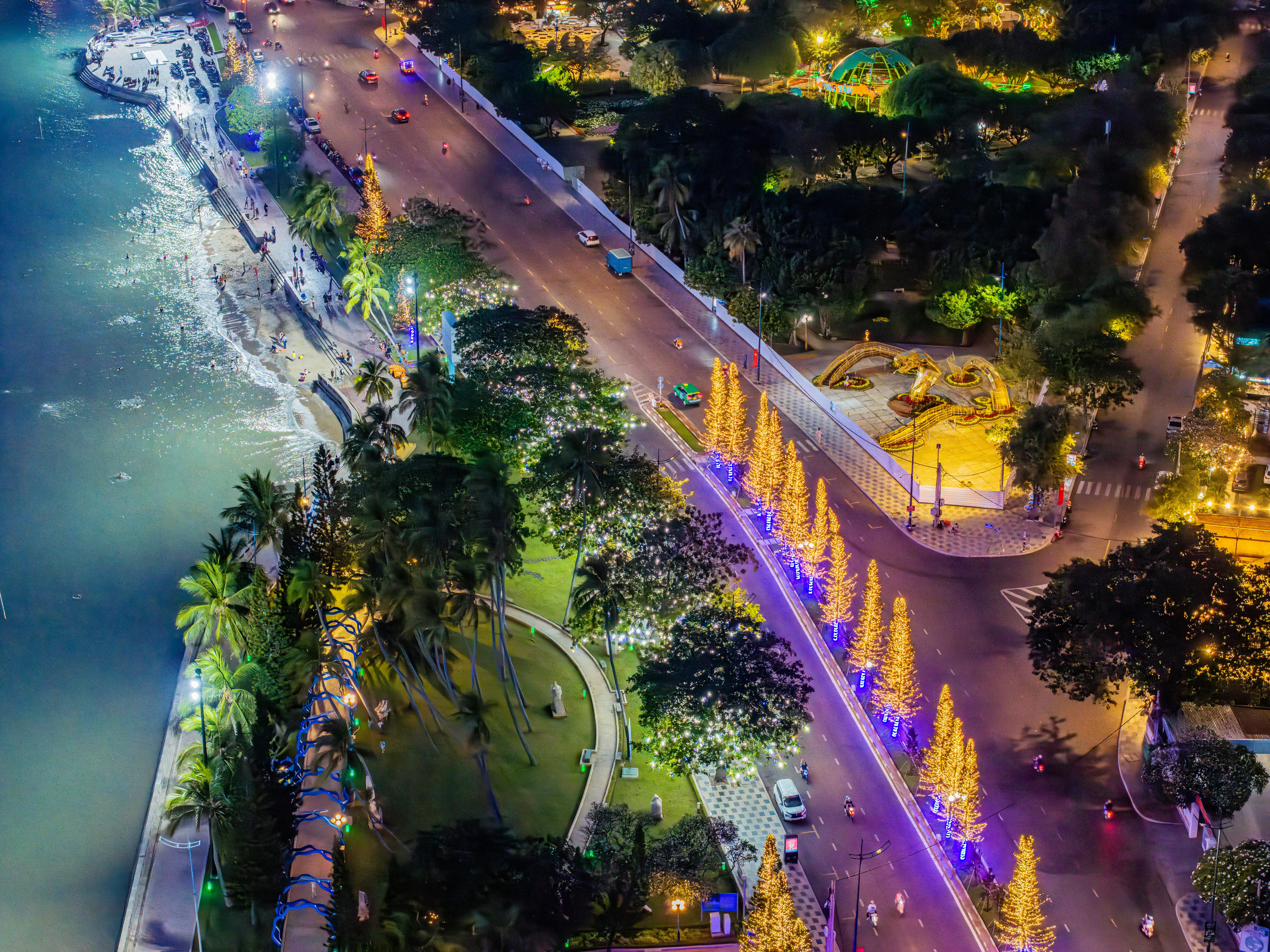 Aerial View of Downtown Street Lit Up at Night · Free Stock Photo