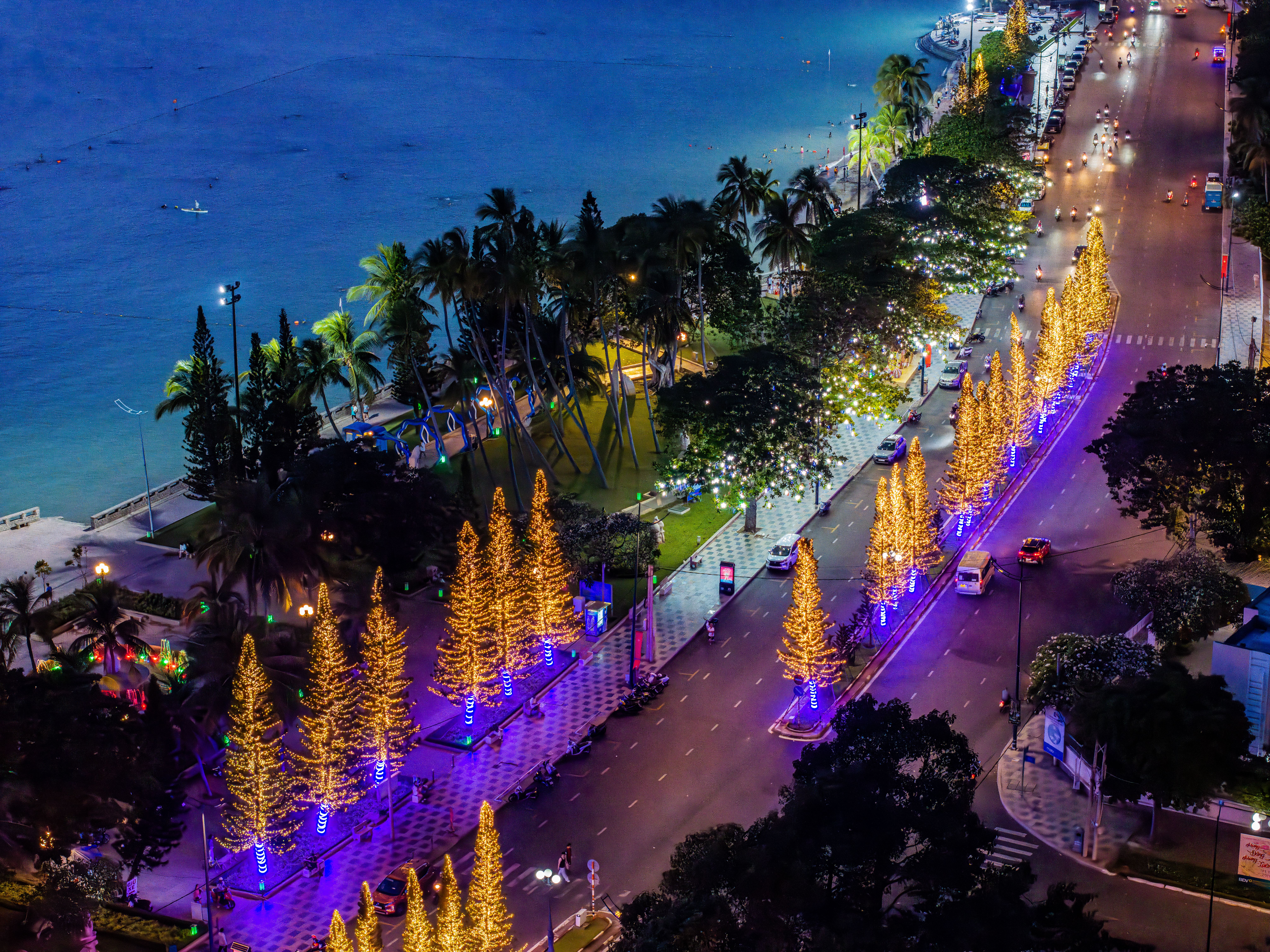 Vibrant Nighttime Coastal Holiday Lights Display · Free Stock Photo