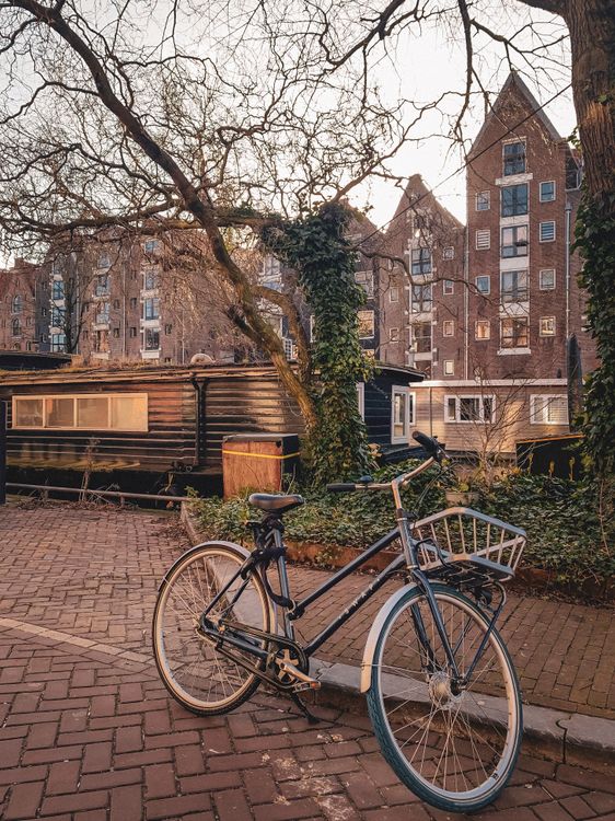 Vintage bicycle parked on an Amsterdam street with traditional Dutch houses in background