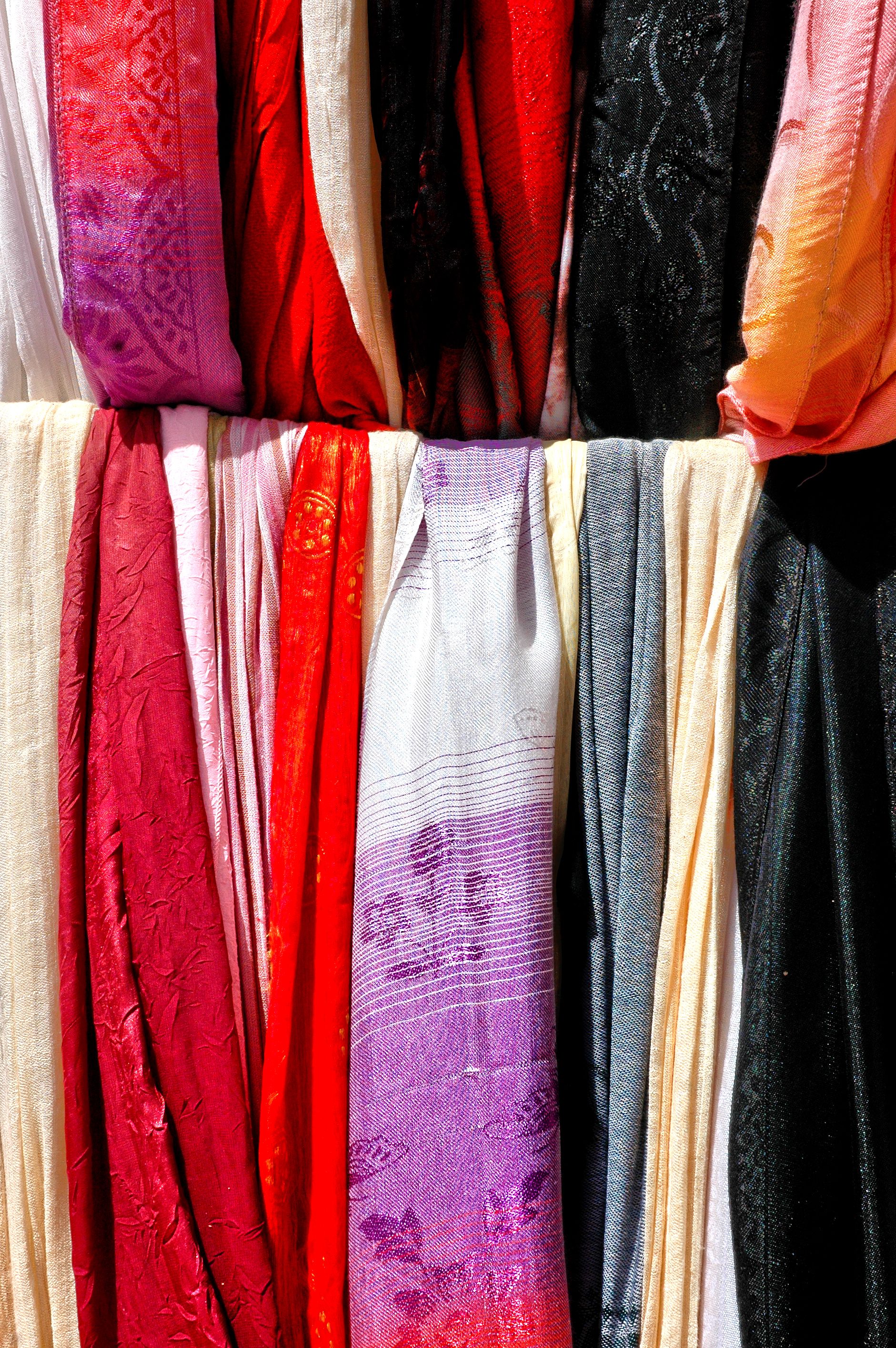 Vibrant Moroccan Scarves Hanging Display · Free Stock Photo