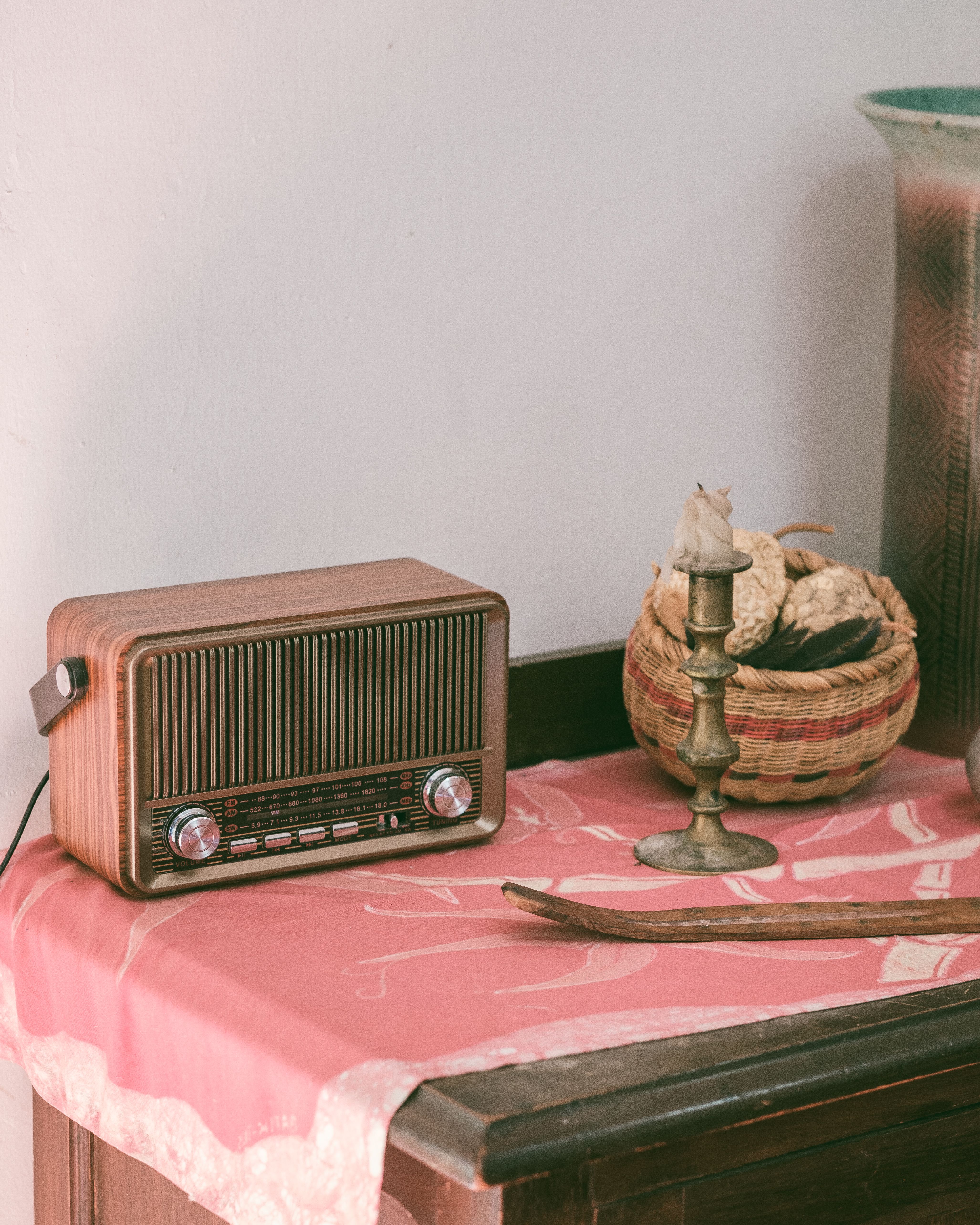 Vintage Wooden Radio on Decorated Table · Free Stock Photo