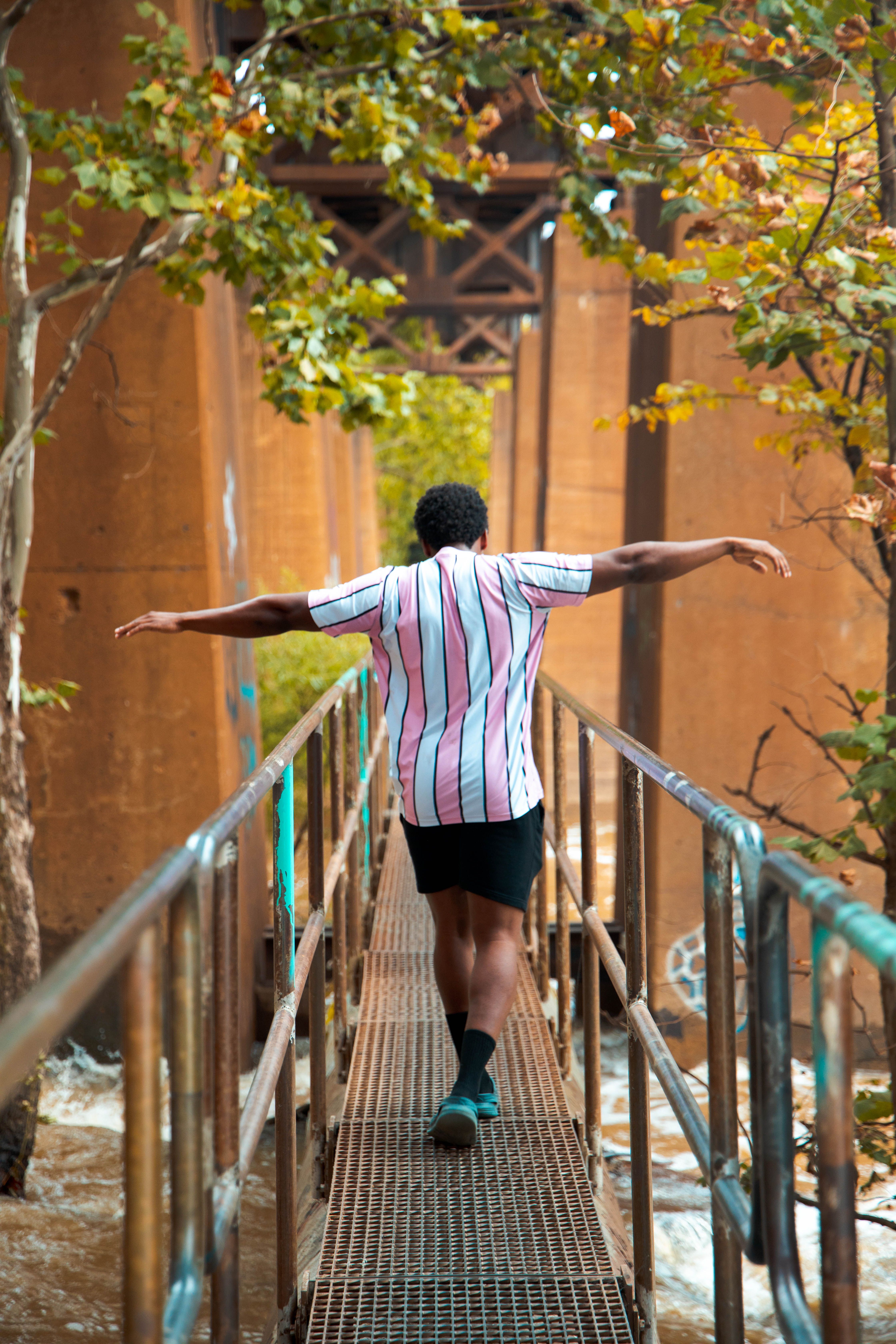 Person Balancing on Narrow Bridge in Autumn · Free Stock Photo