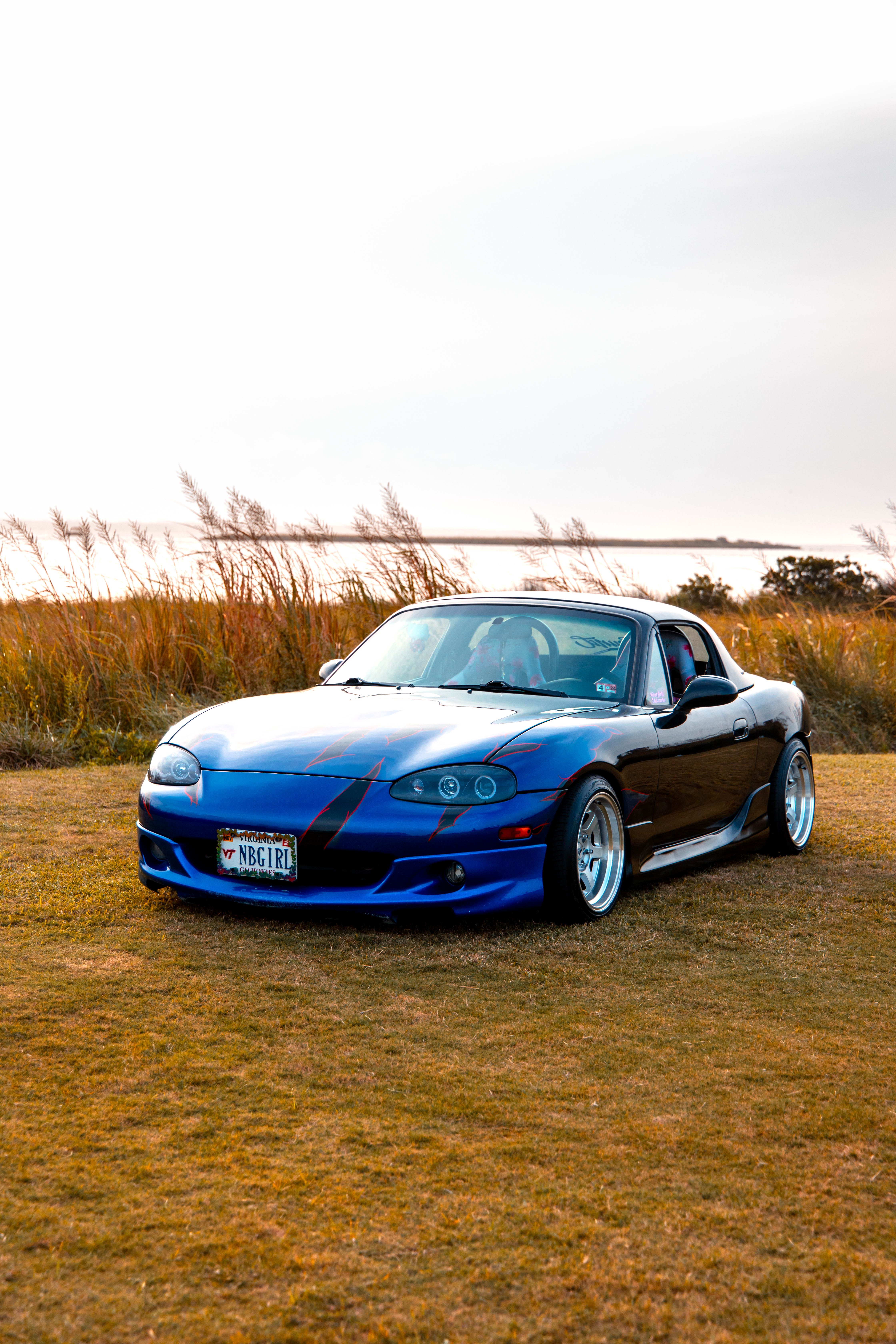 Blue Sports Car on Grassy Field at Dusk · Free Stock Photo