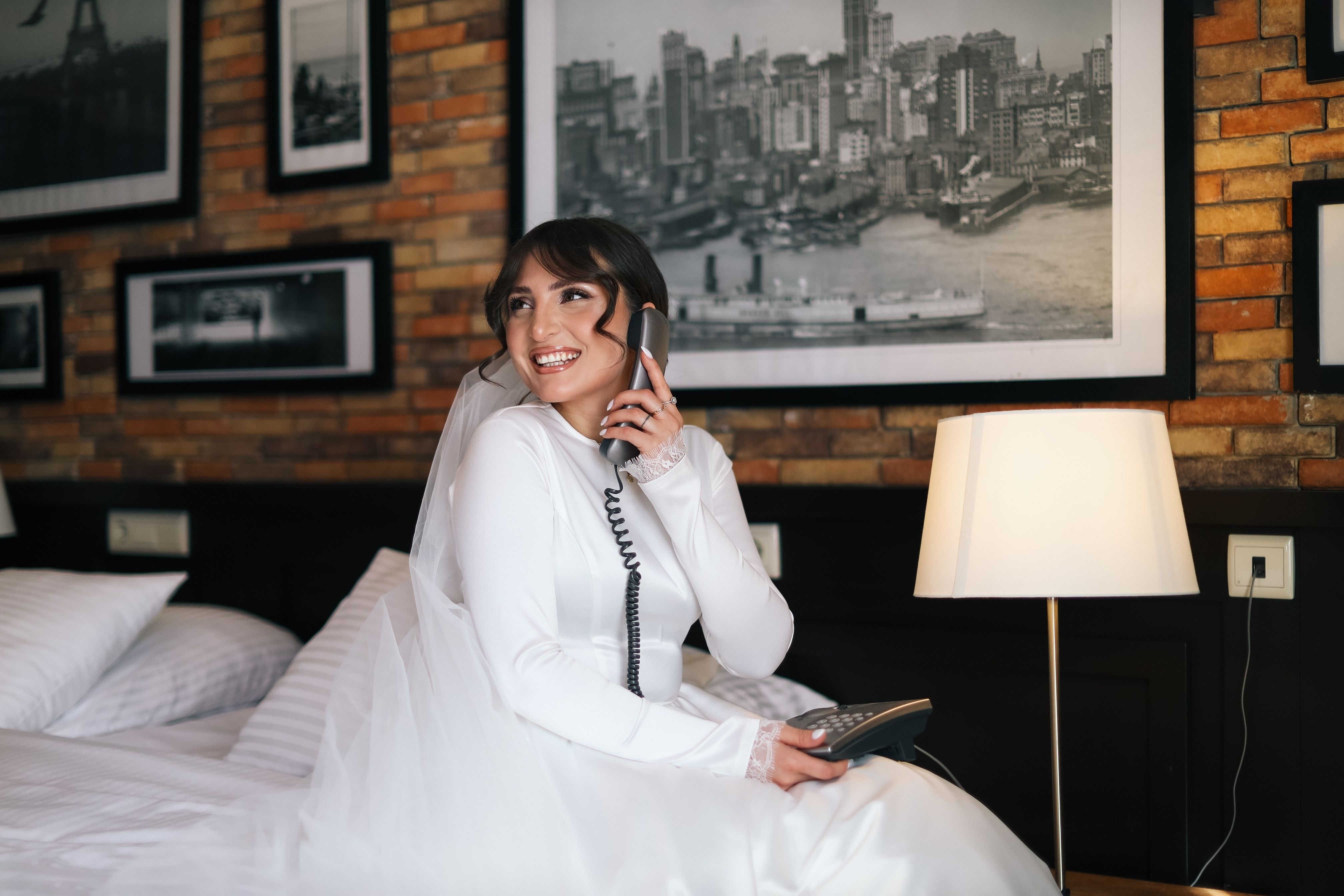 Bride on Phone Smiling at Elegant Hotel Room · Free Stock Photo