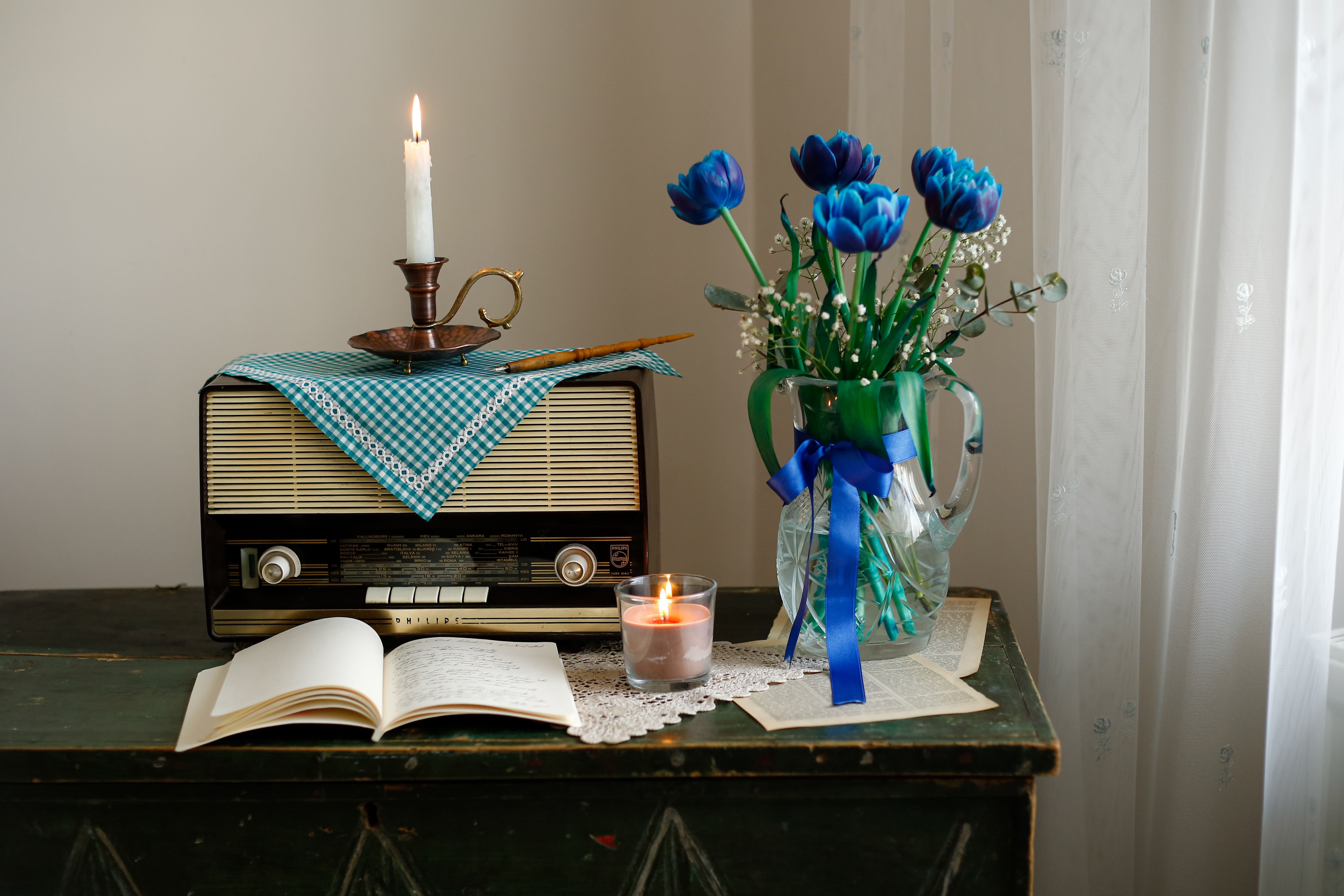 Vintage Still Life with Radio and Flowers · Free Stock Photo
