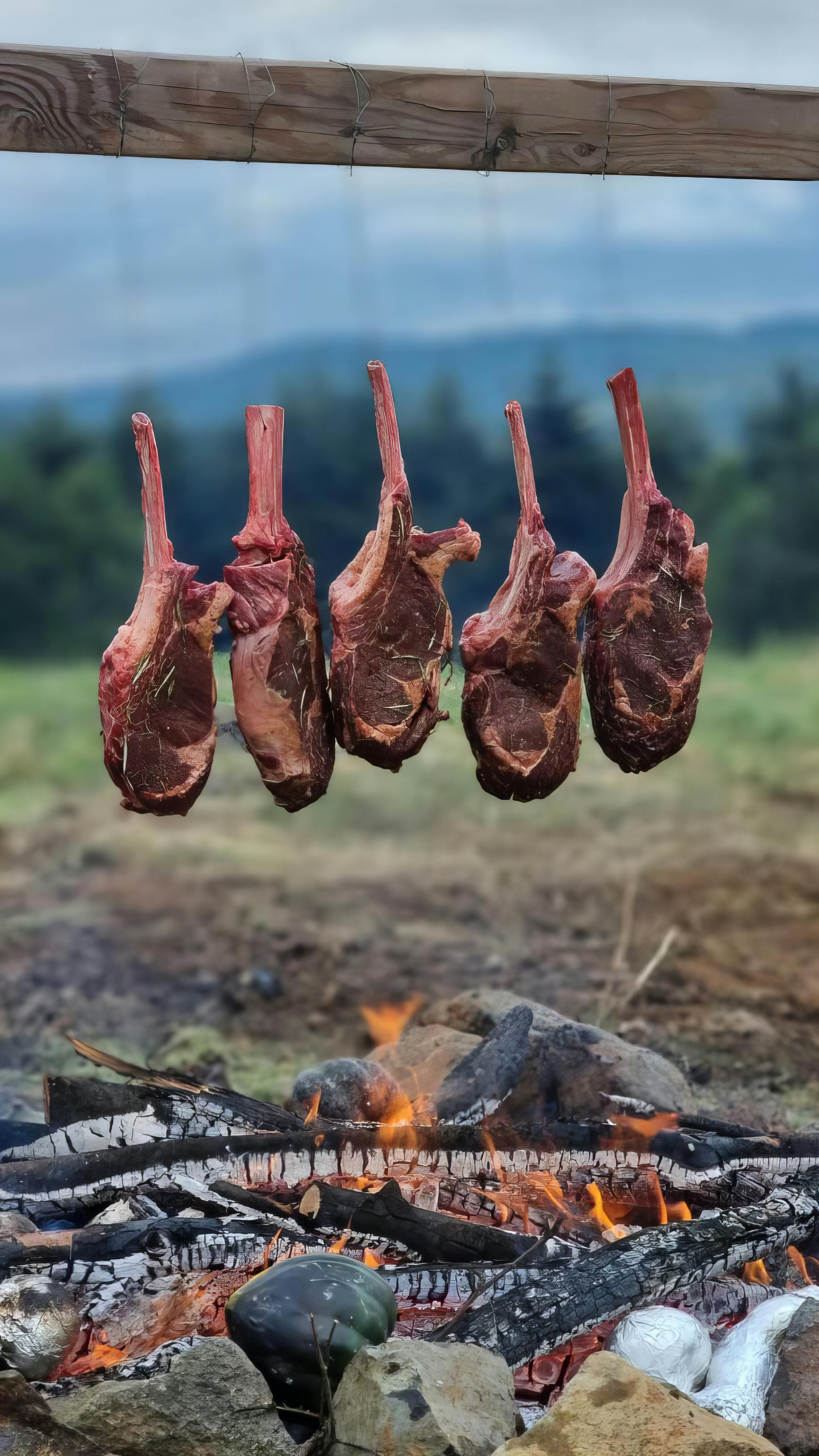 Outdoor Cooking with Hanging Meat Over Fire · Free Stock Photo