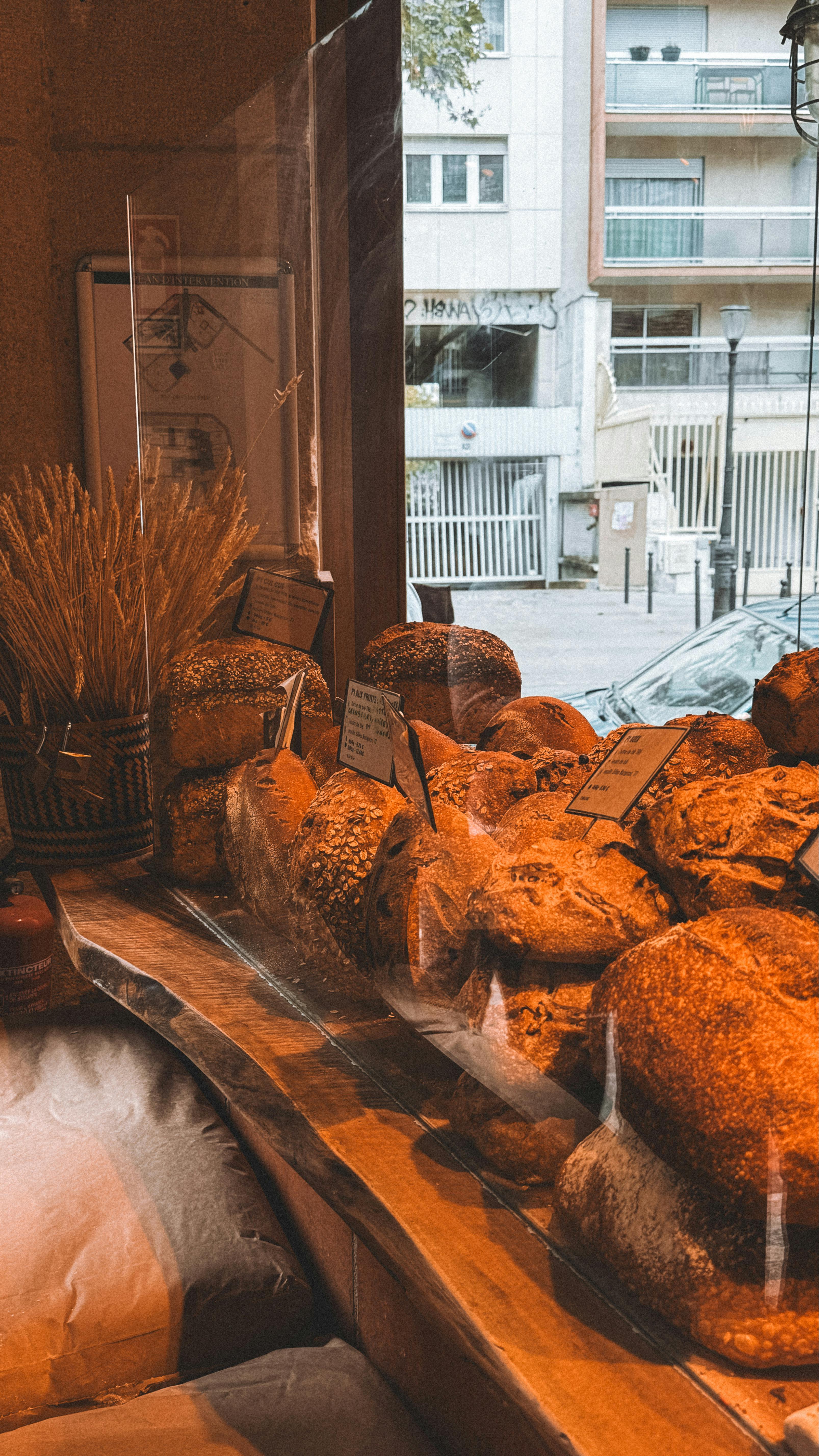 Rustic Bakery Window Display of Artisan Breads · Free Stock Photo