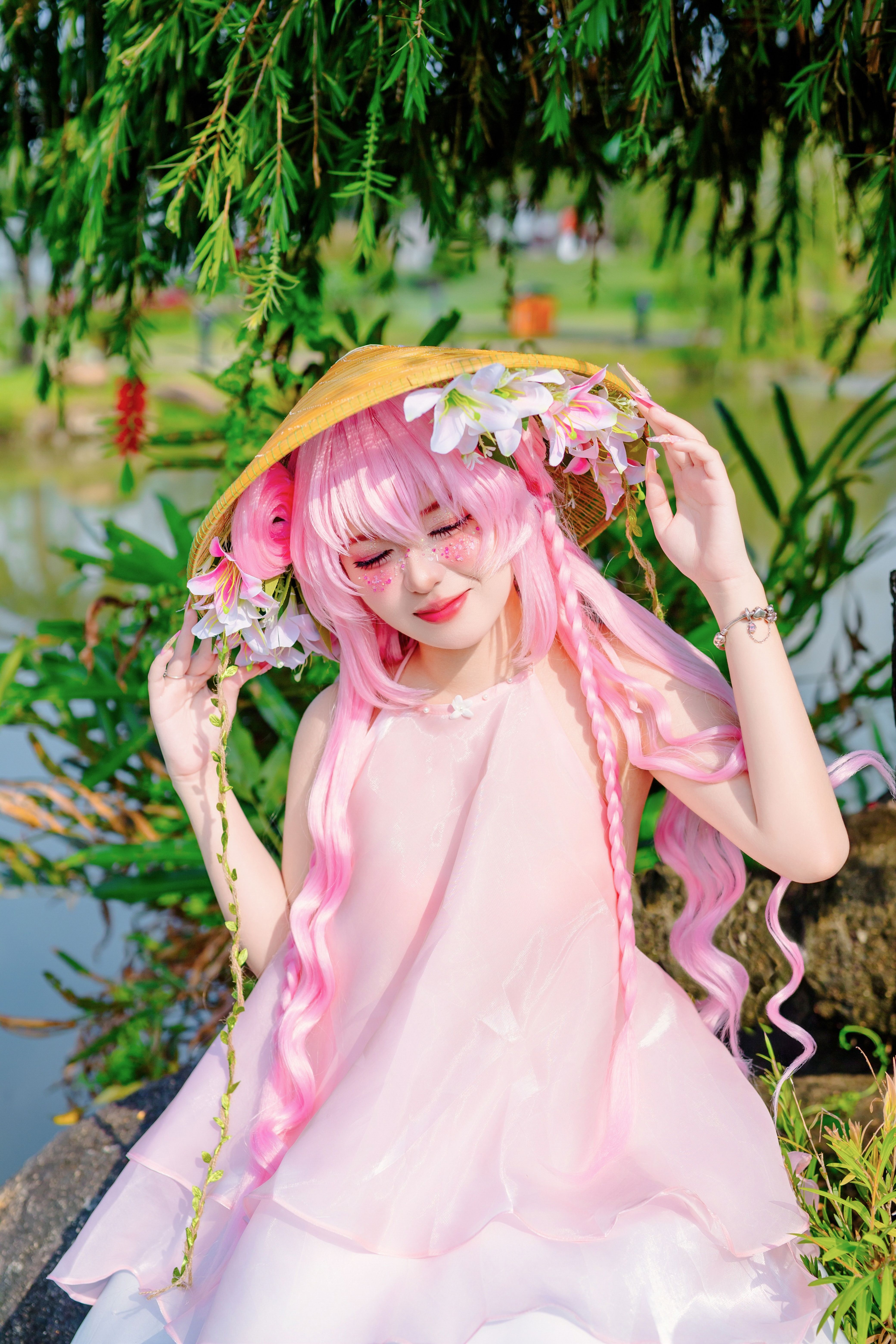 Vibrant Cosplay with Floral Hat in Outdoor Setting · Free Stock Photo