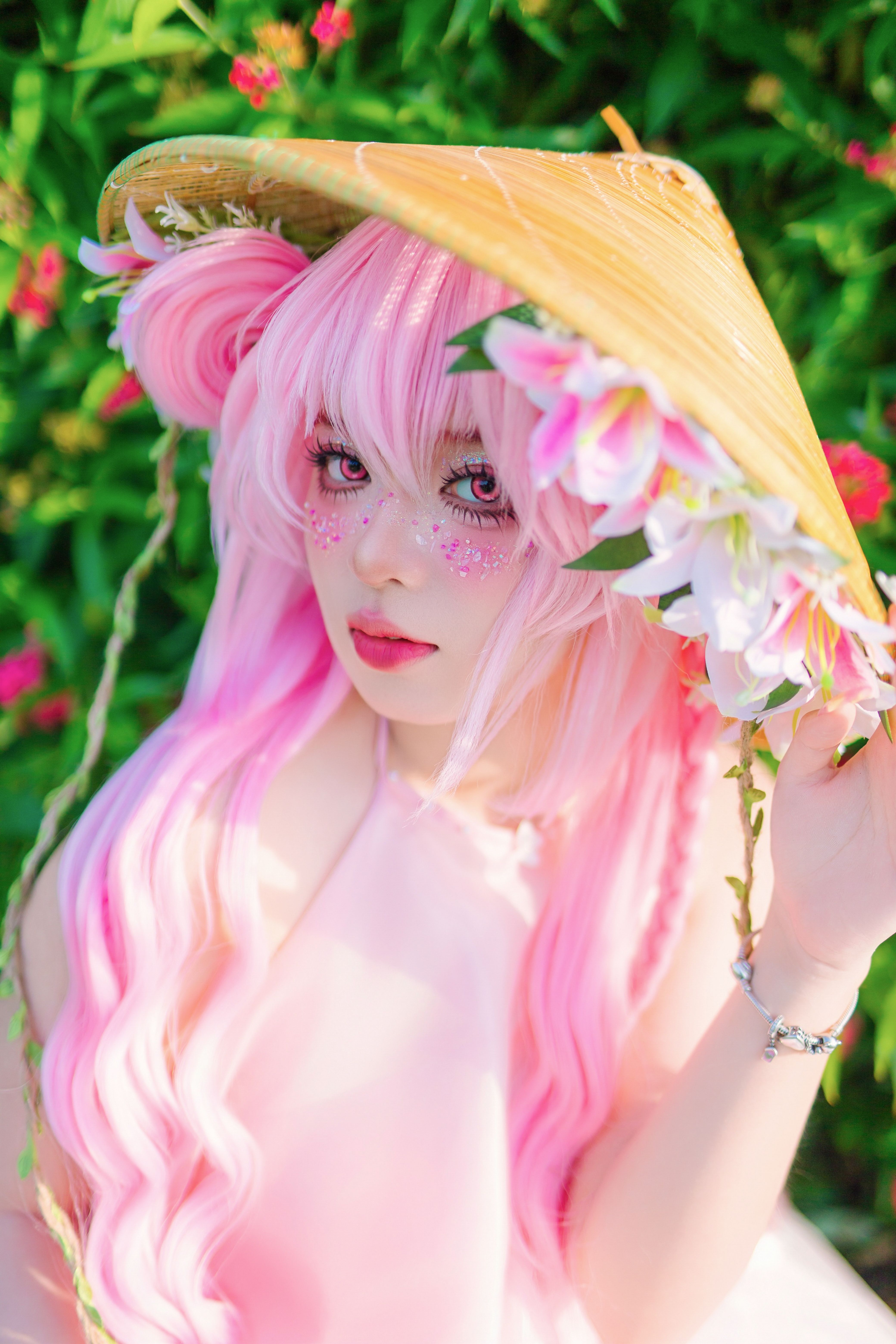 Cosplay Portrait with Pink Hair and Floral Hat · Free Stock Photo