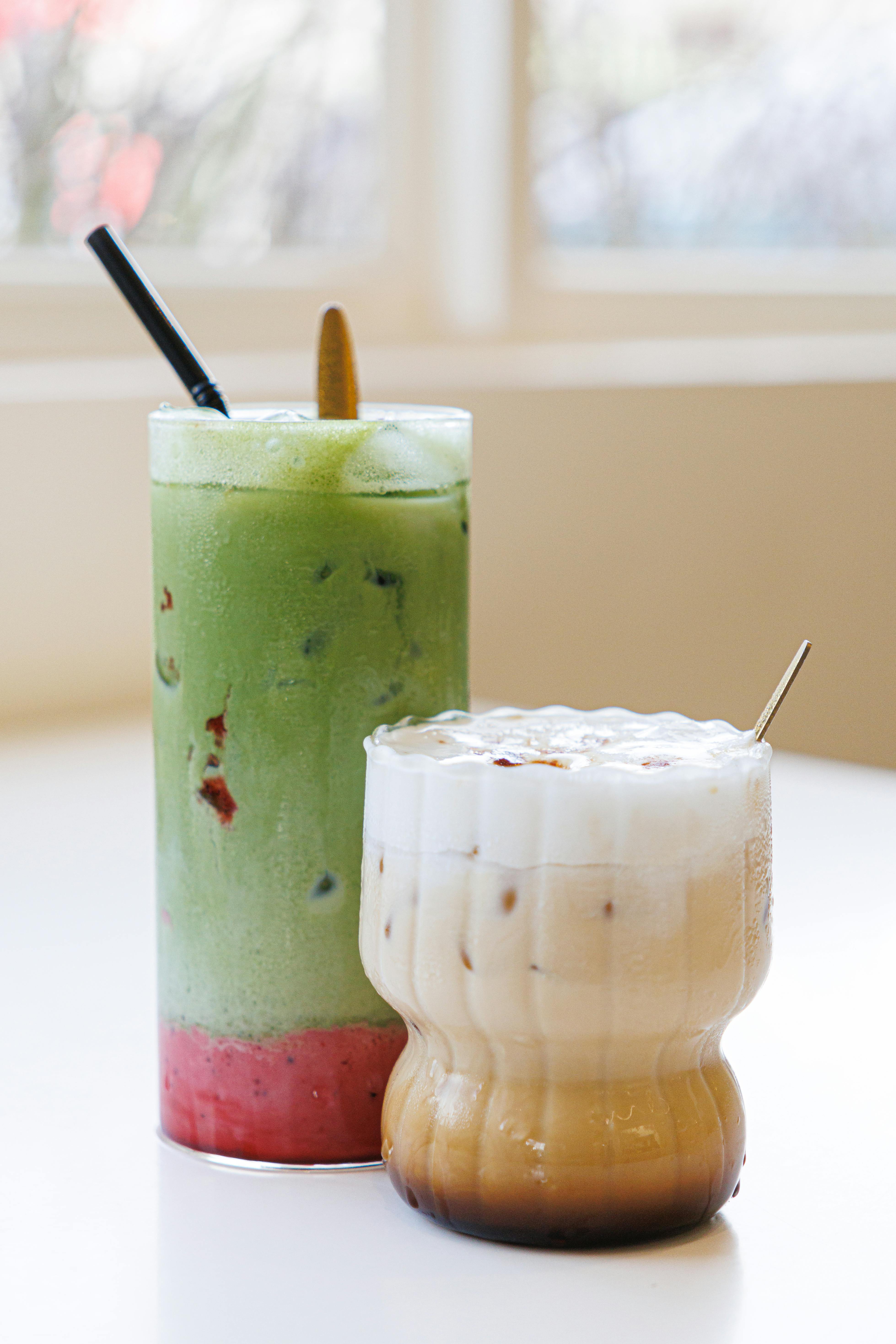 Refreshing Iced Matcha Latte and Iced Coffee Duo · Free Stock Photo
