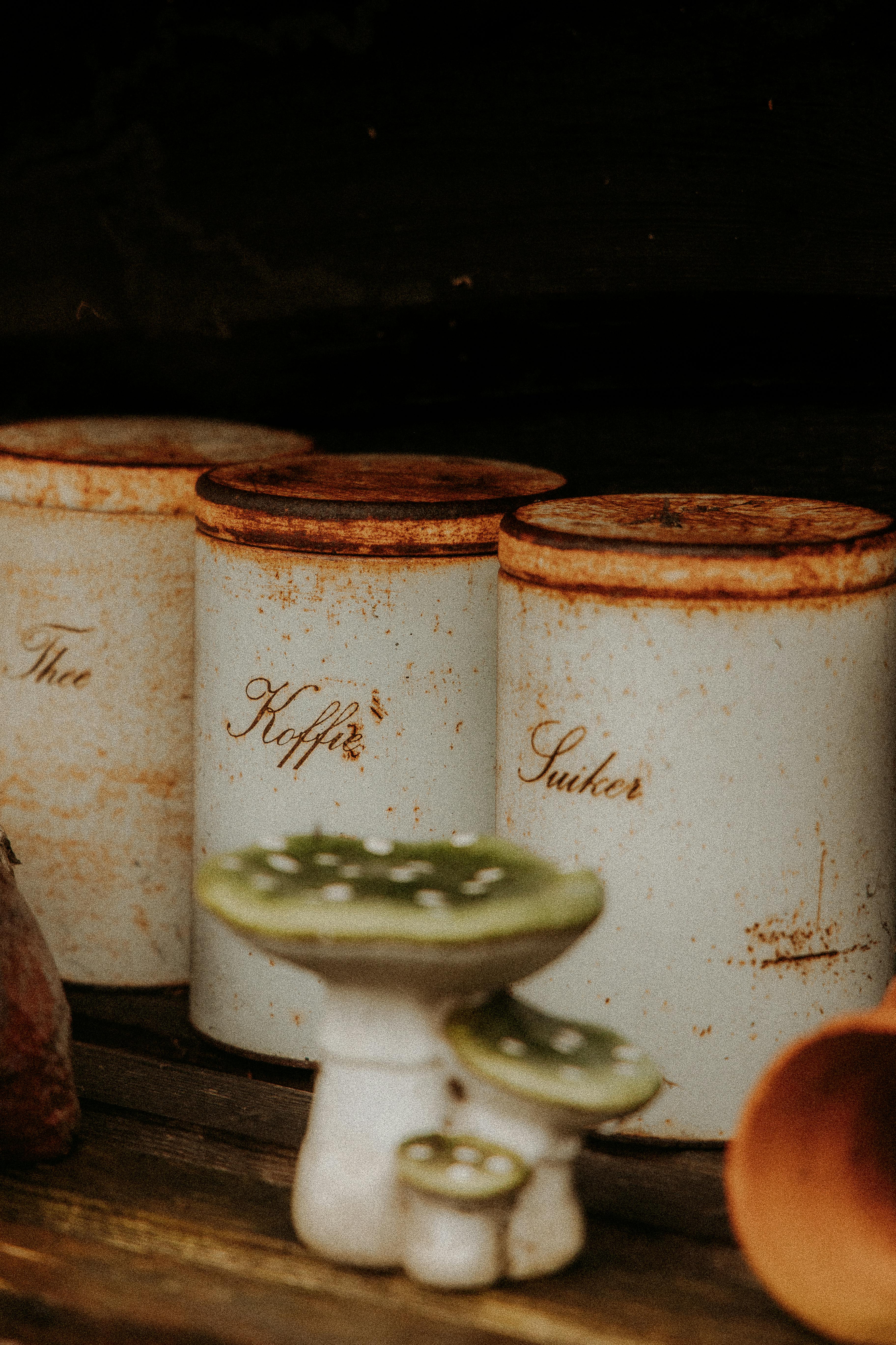 Vintage Rustic Kitchen Canisters with Mushrooms · Free Stock Photo