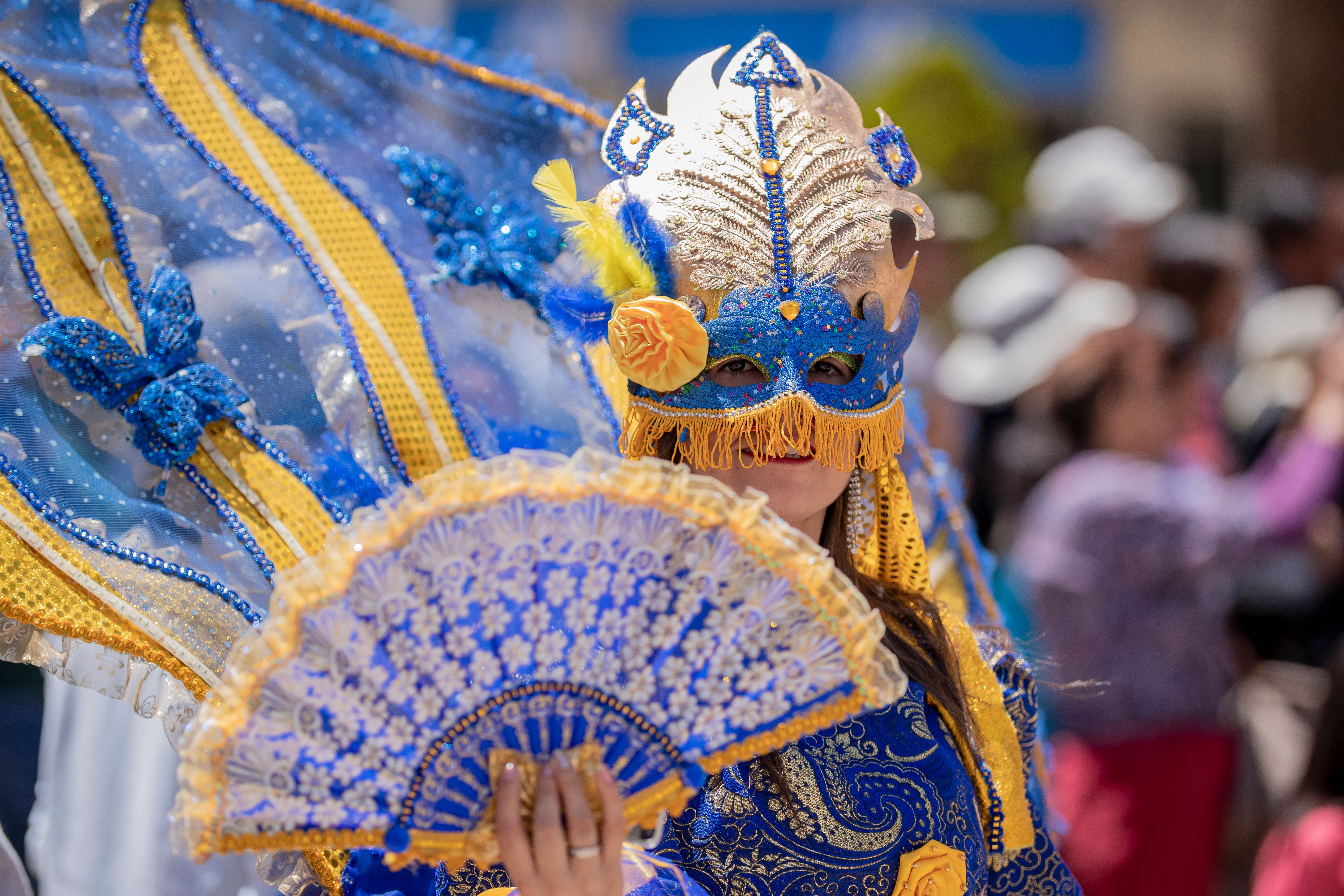 Vibrant Carnival Costume with Mask and Fan · Free Stock Photo