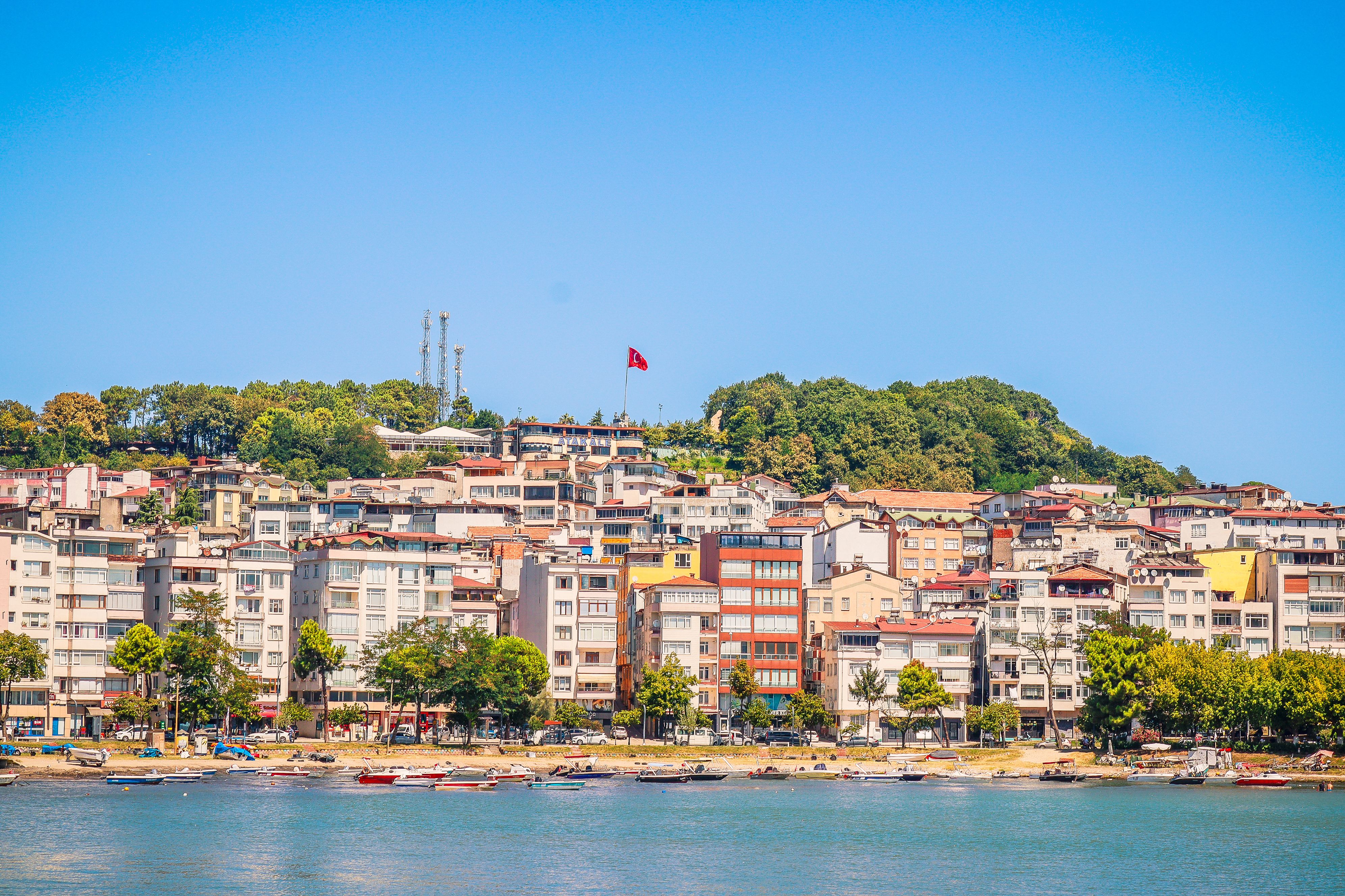 Colorful coastal townscape with greenery · Free Stock Photo
