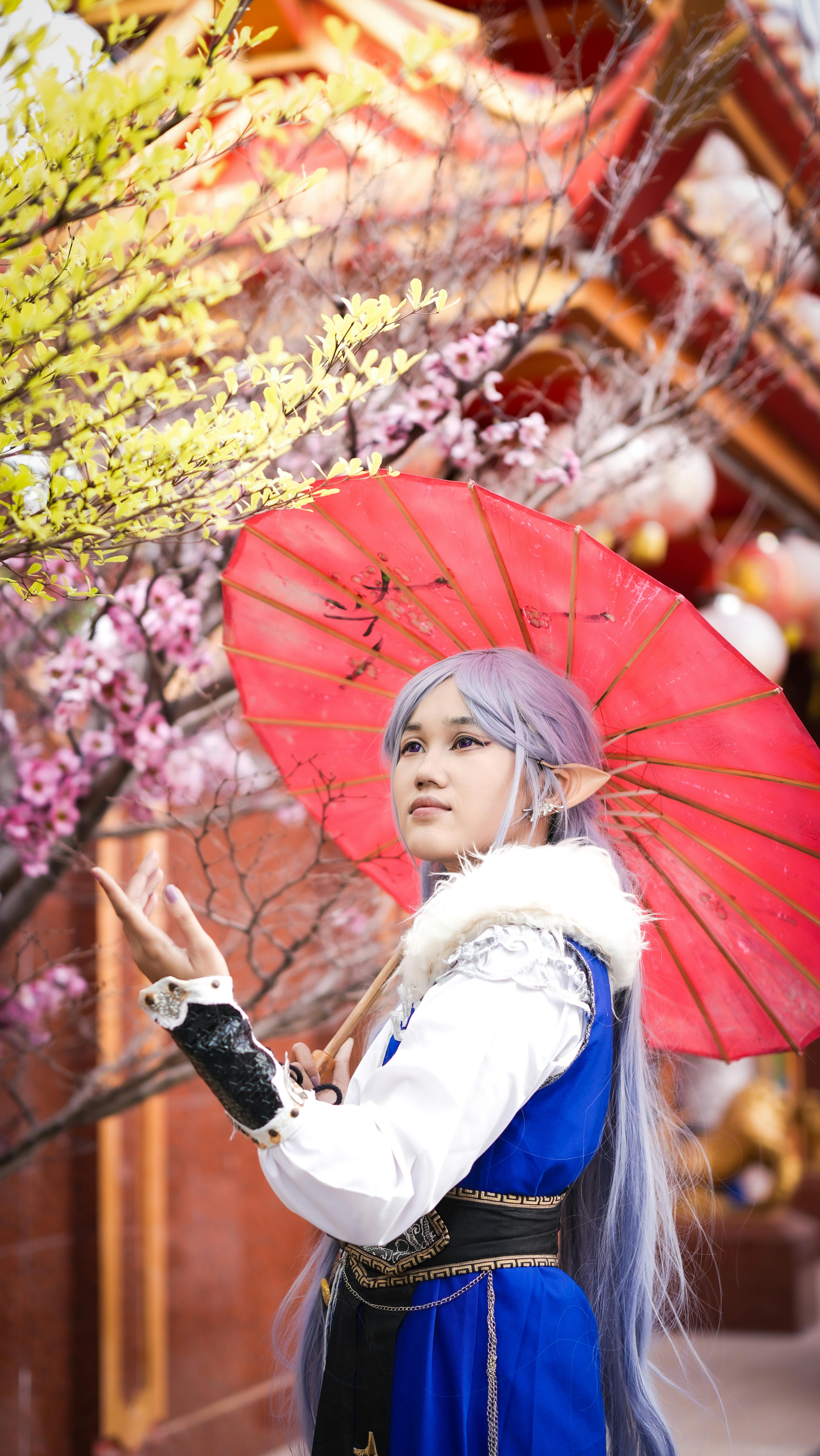 Colorful Cosplay Character in Asian Garden Setting · Free Stock Photo