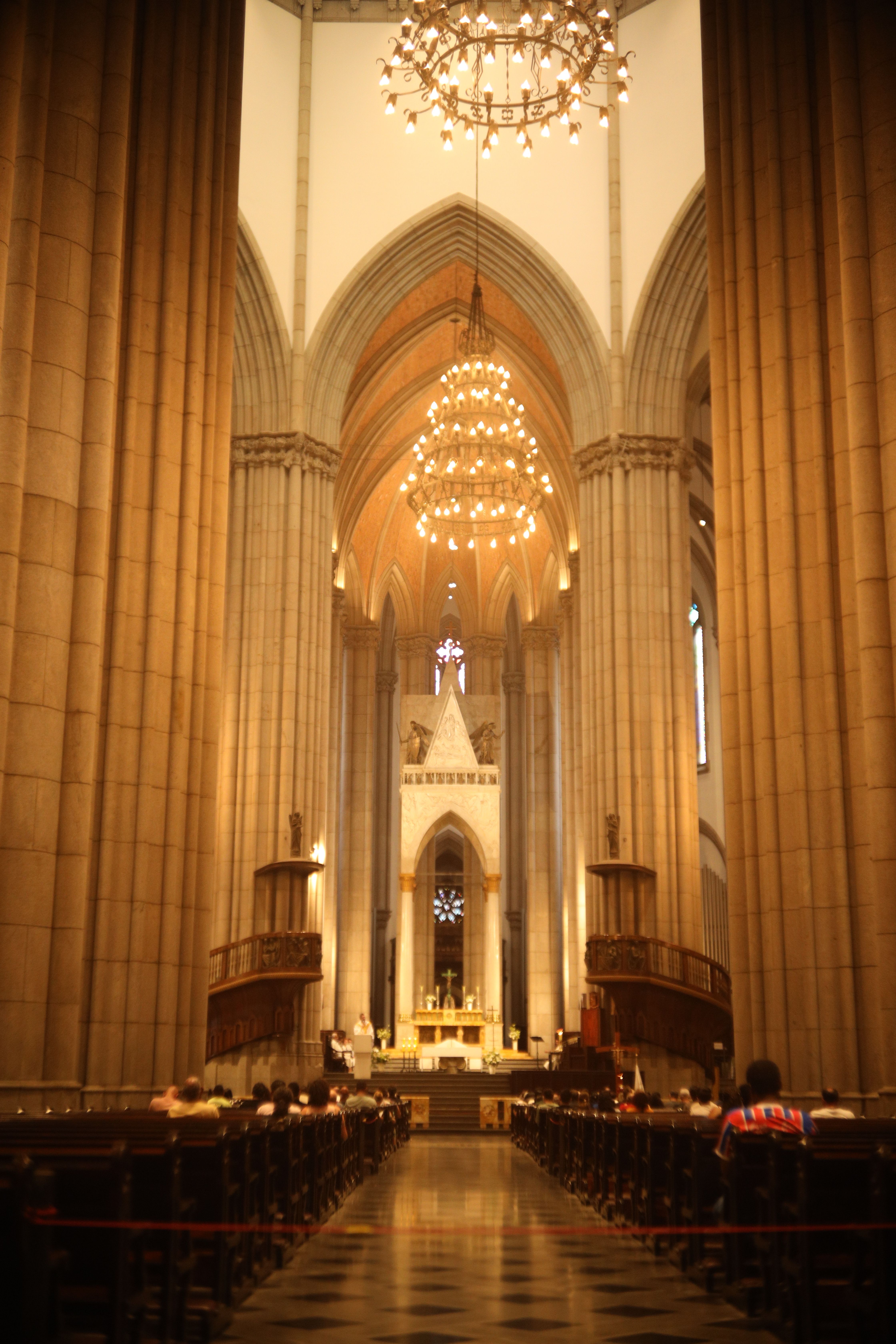 Majestic Interior of Gothic Cathedral with Chandeliers · Free Stock Photo