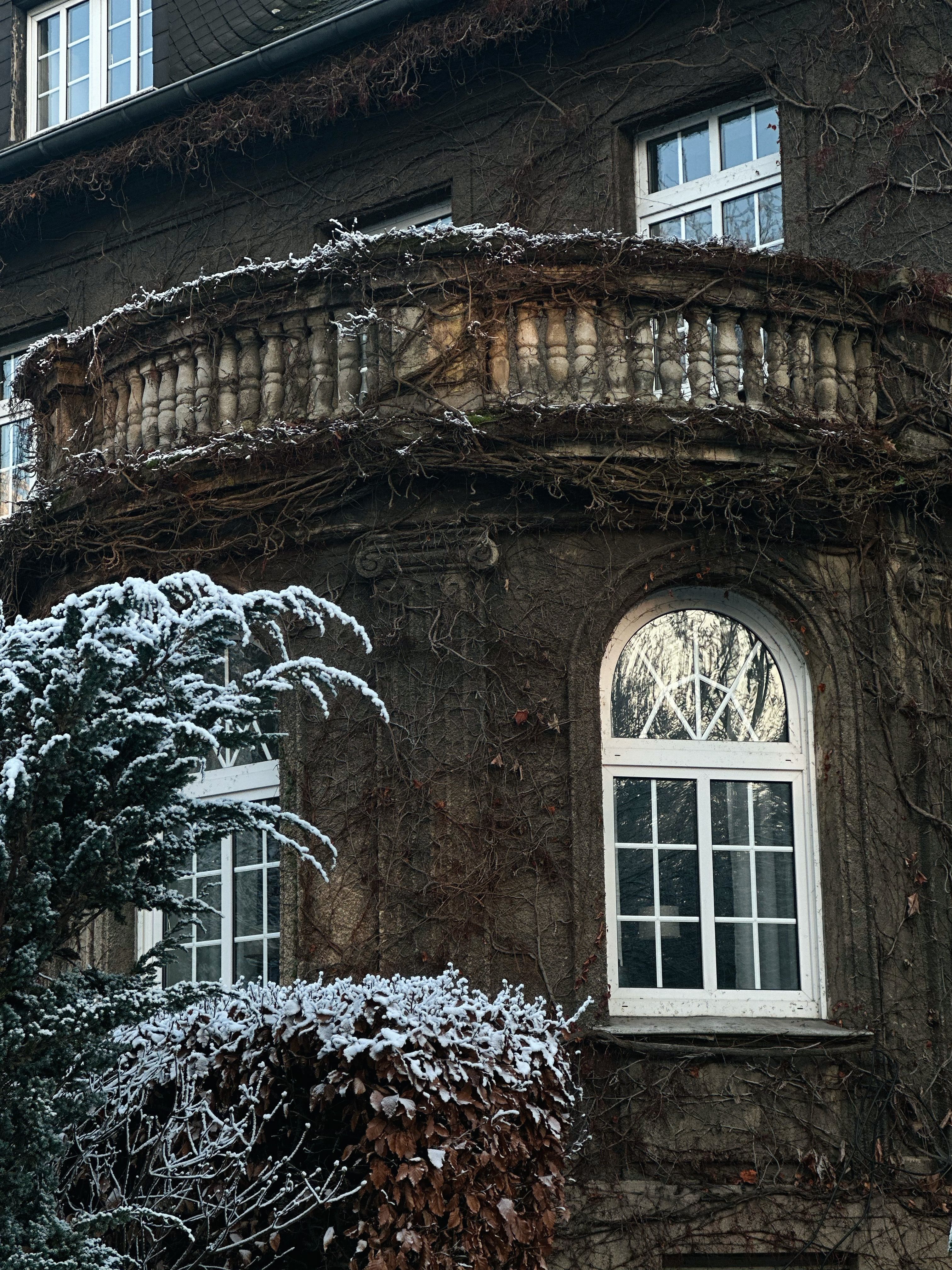 Elegant Snow-Covered Vintage Building Facade · Free Stock Photo