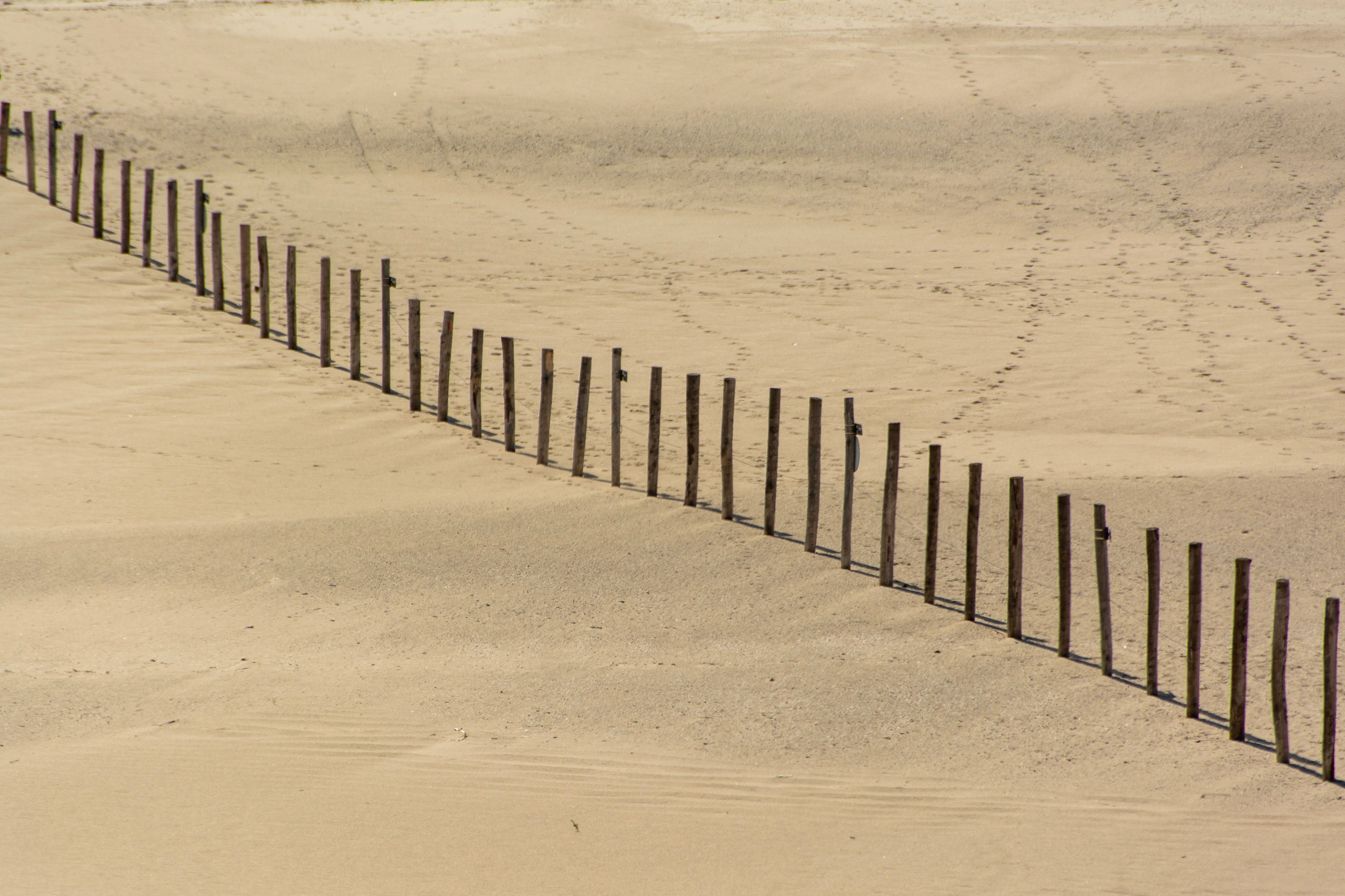 Deserted Beach with Diagonal Sand Fence · Free Stock Photo