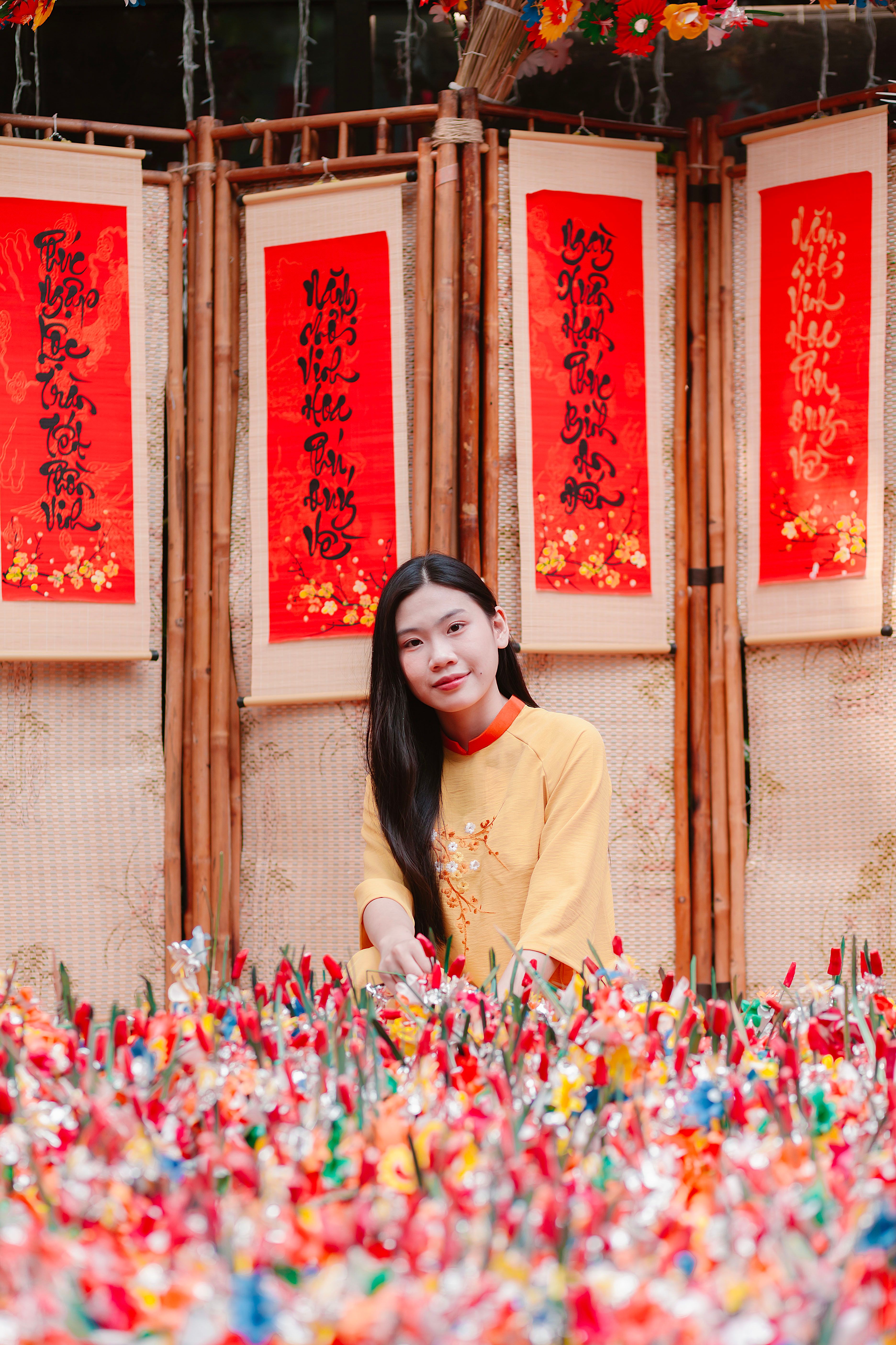 Young Woman in Traditional Costume with Calligraphy · Free Stock Photo